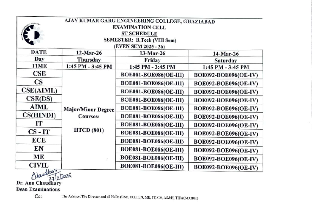 BTech 8th Sem ST Schedule - rRNG COuF. CSE(AIML) CSE(DS) AIML CS(HINDI ...