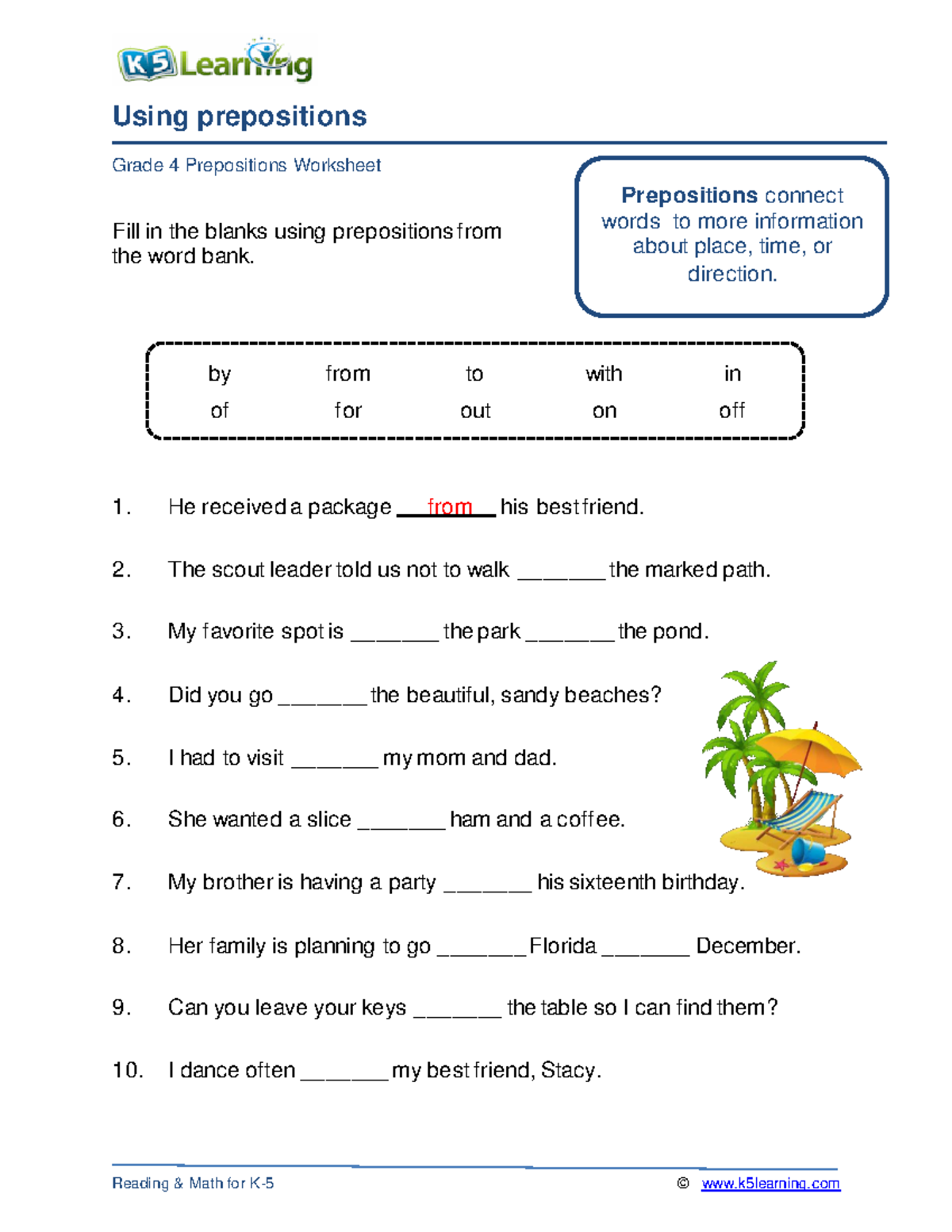 Grade 4 Prepositions Worksheet: Fill in the Blanks Exercise - Studocu