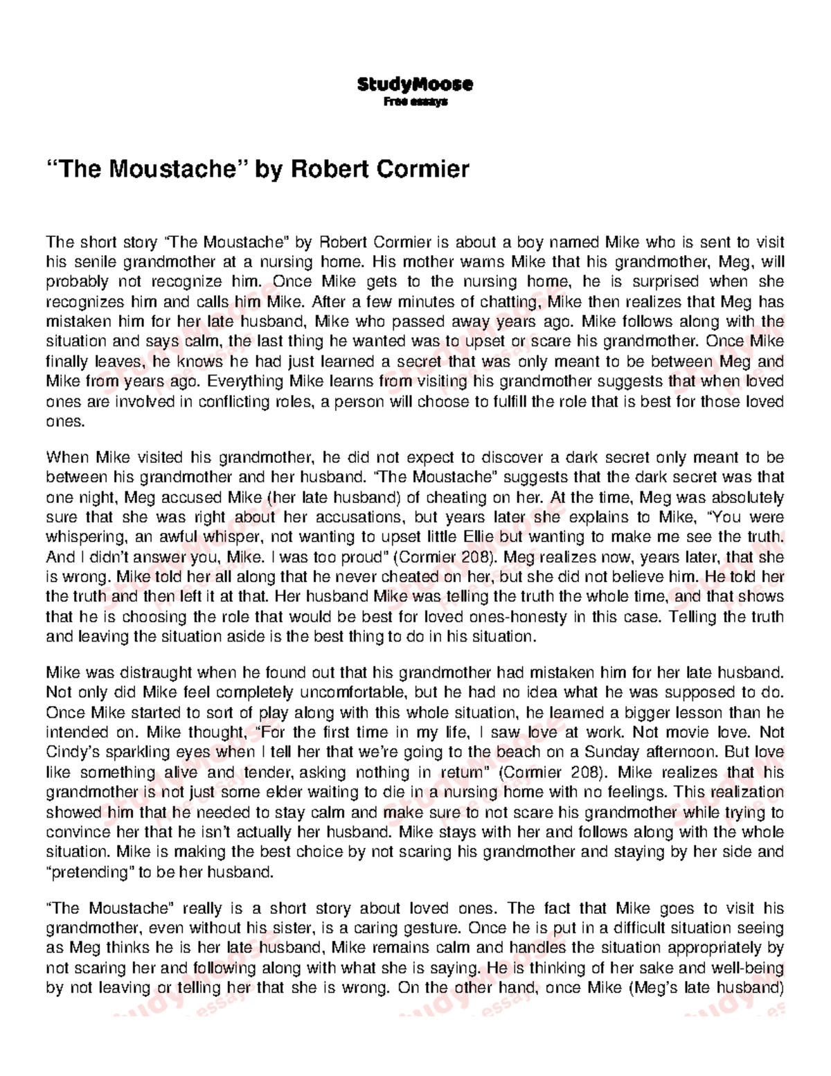 Analysis of "The Moustache" by Robert Cormier and Its Themes - Studocu
