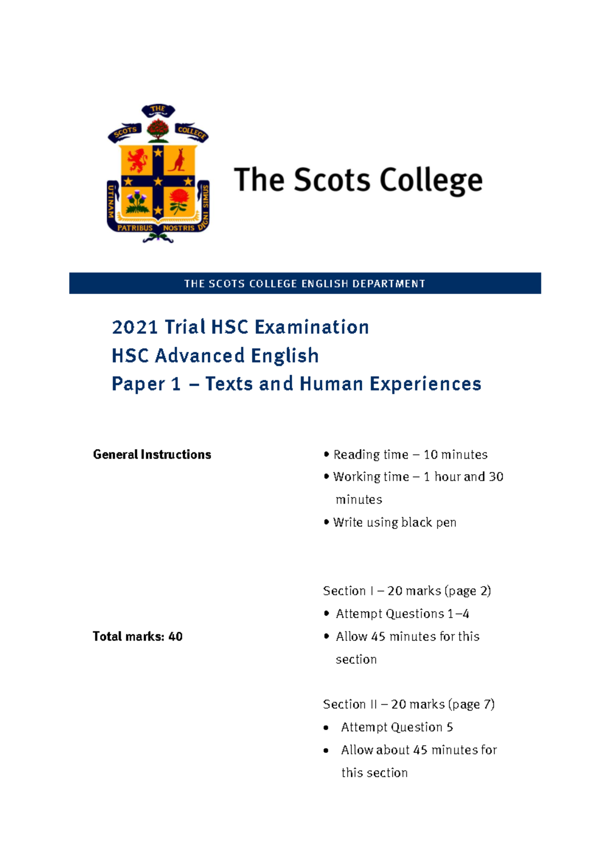 Scots College 2021 HSC Trial Exam: Advanced English Paper 1 - Studocu