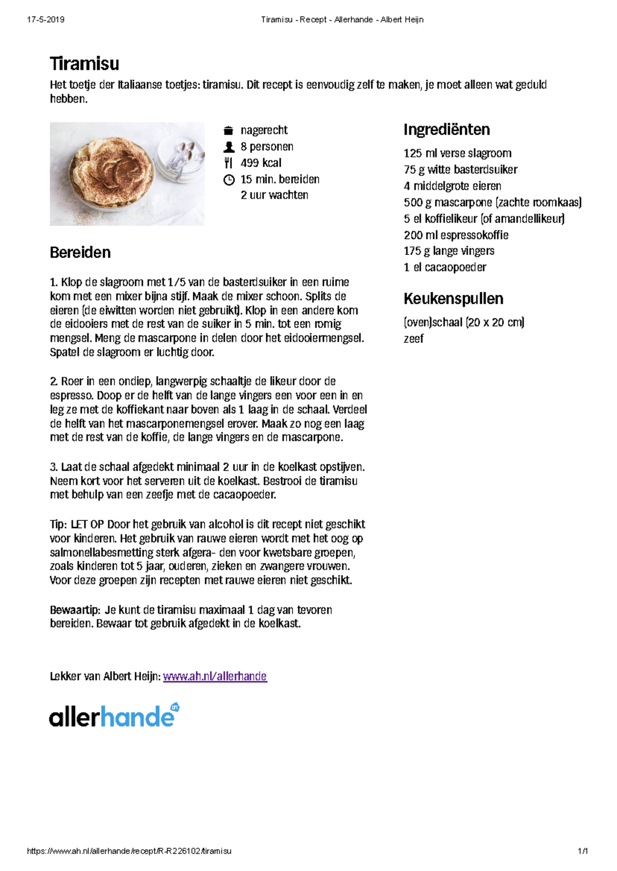 Tiramisu Recept van Allerhande - Albert Heijn voor 8 Personen - Studeersnel