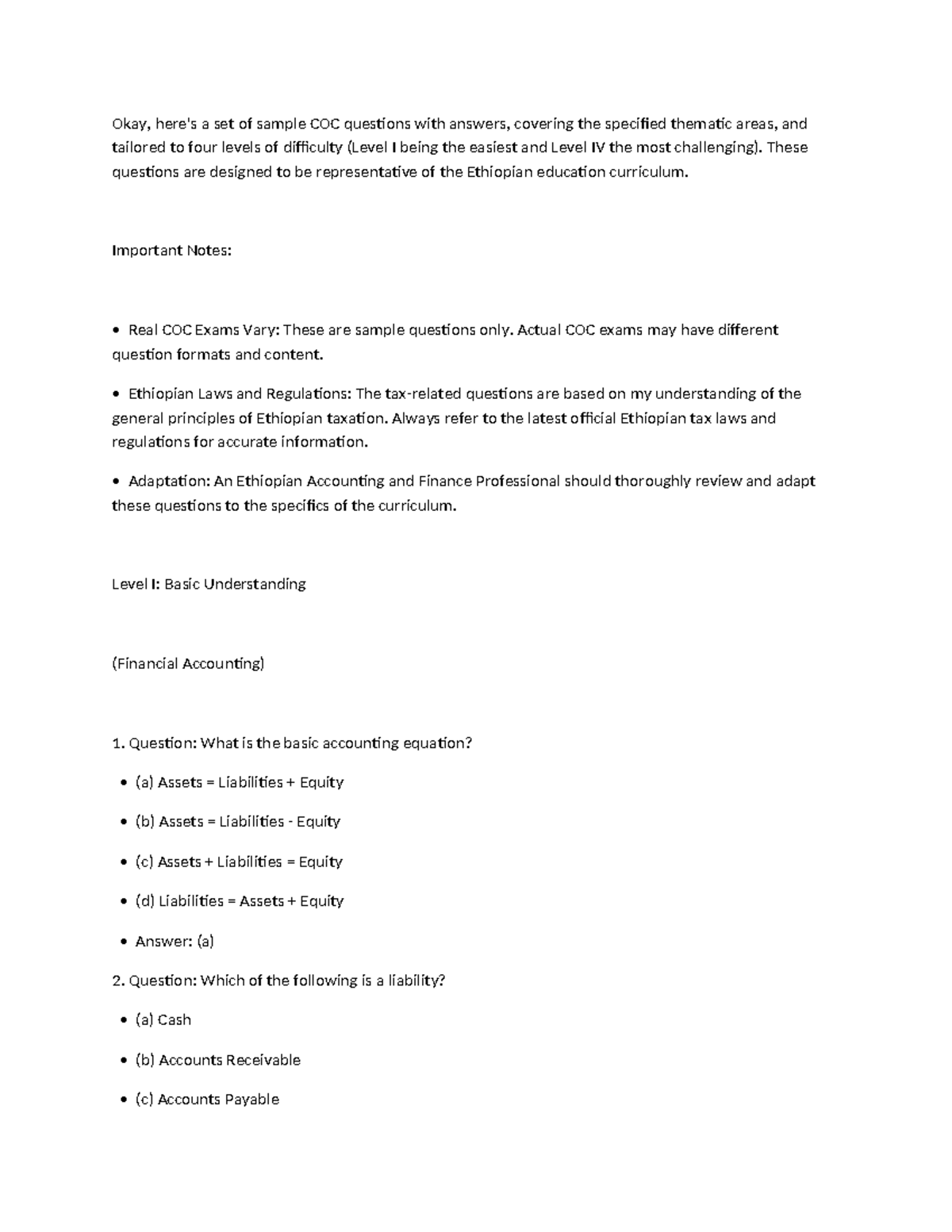 COC Preparation: Sample Questions & Answers for Ethiopian Curriculum ...