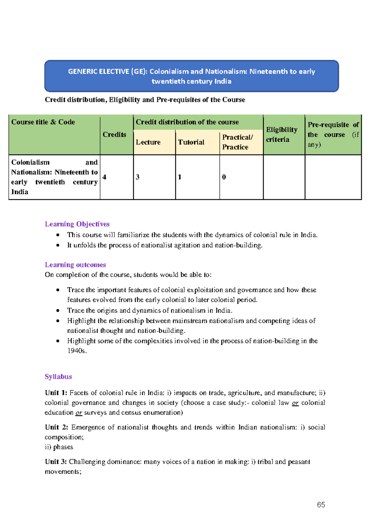 GE: Colonialism and Nationalism in 19th-20th Century India Syllabus ...