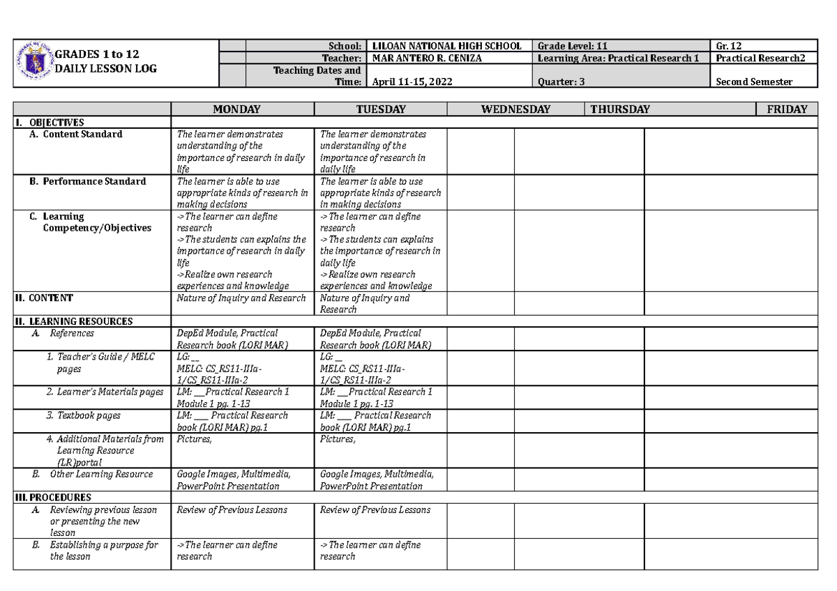 DLL PR 1 1 1 - Daily Log Plan for Practical Research 1 - GRADES 1 to 12 ...