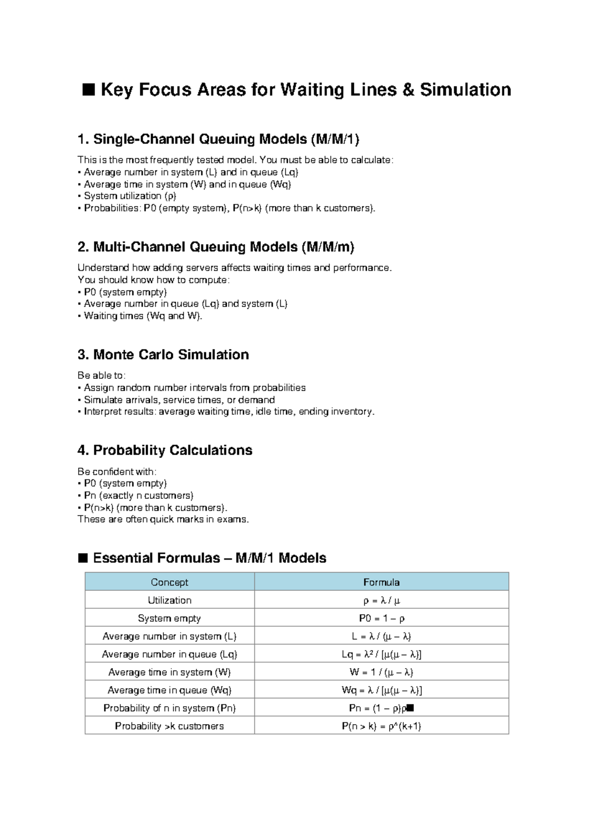 Key Focus Areas for Queuing Models & Simulations - Summary for CHA6 - Studocu