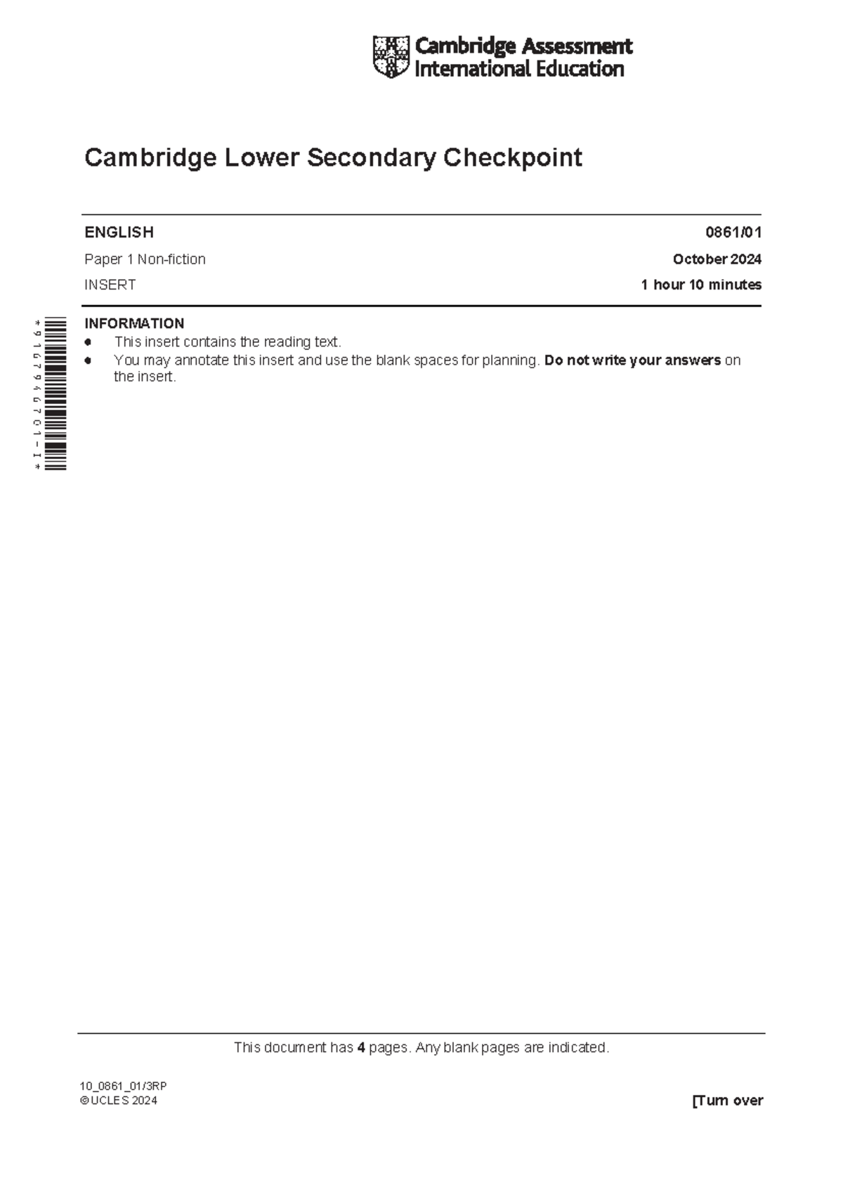 Cambridge Lower Secondary Checkpoint ENGLISH Paper 1 Reading Insert ...