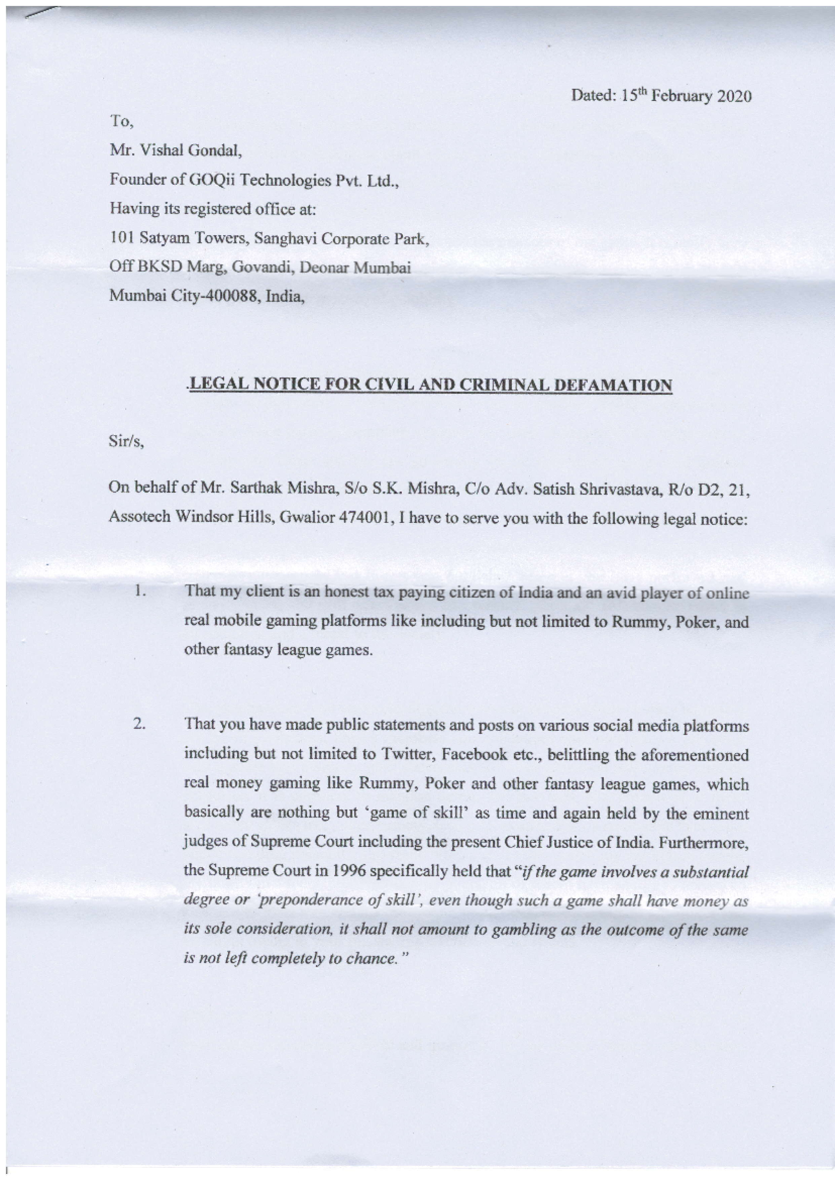 Legal Notice for Defamation (Civil & Criminal) - Sarthak Mishra - Studocu