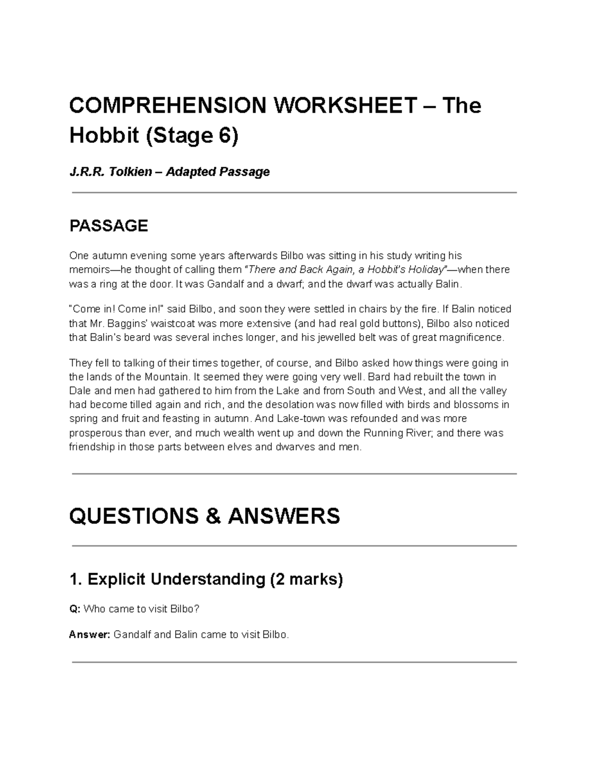The Hobbit (Stage 6) - Comprehension Worksheet and Answers - Studocu