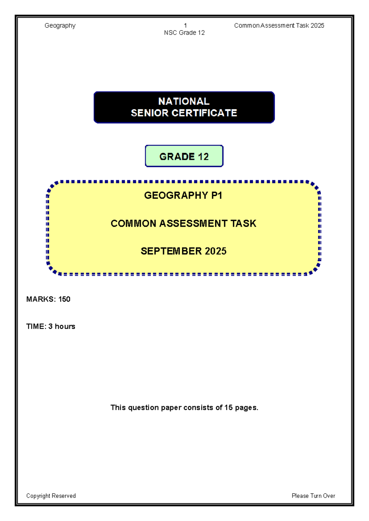 Geography 1 NSC Grade 12 Common Assessment Task P1 2025 - Studocu