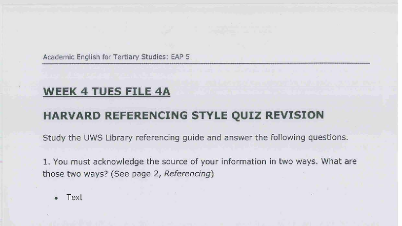 EAP5 Week 4 Harvard Referencing Style Quiz Revision - Studocu