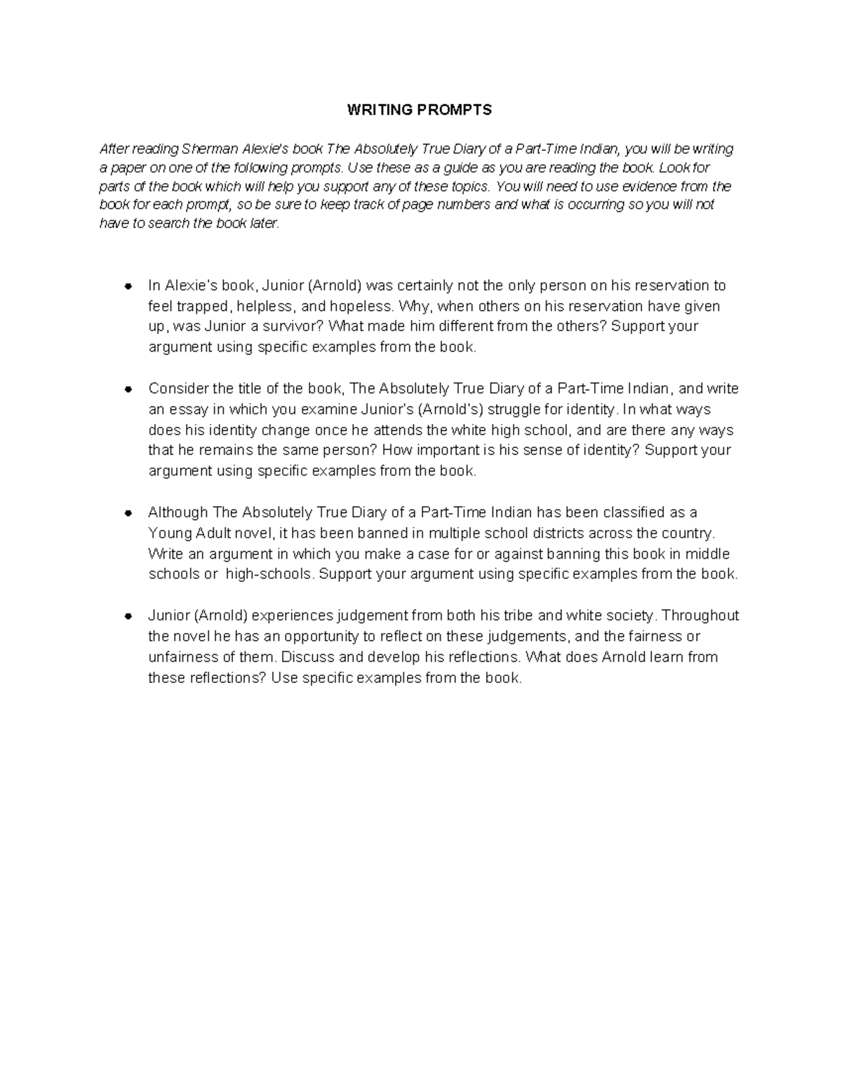 Atdpti - Essay Prompts for "The Absolutely True Diary of a Part-Time ...