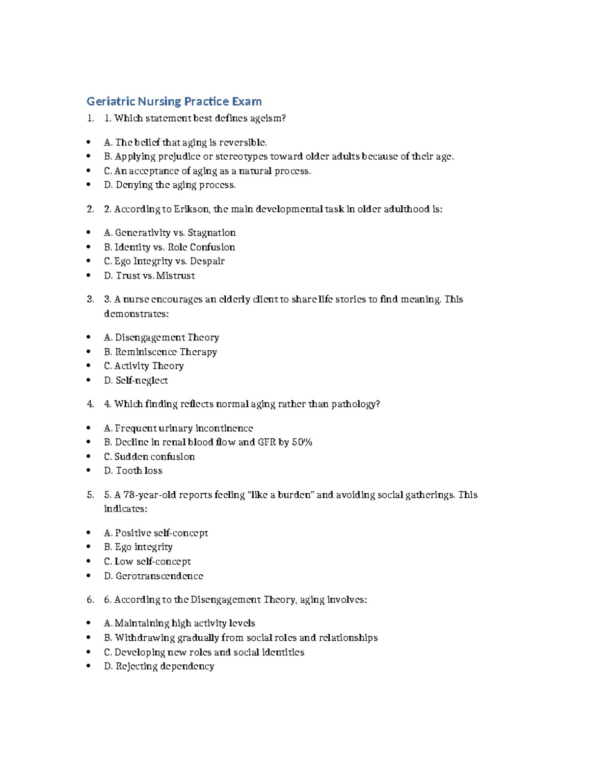 Geriatric Nursing Practice Exam 1: Key Concepts and Questions - Studocu