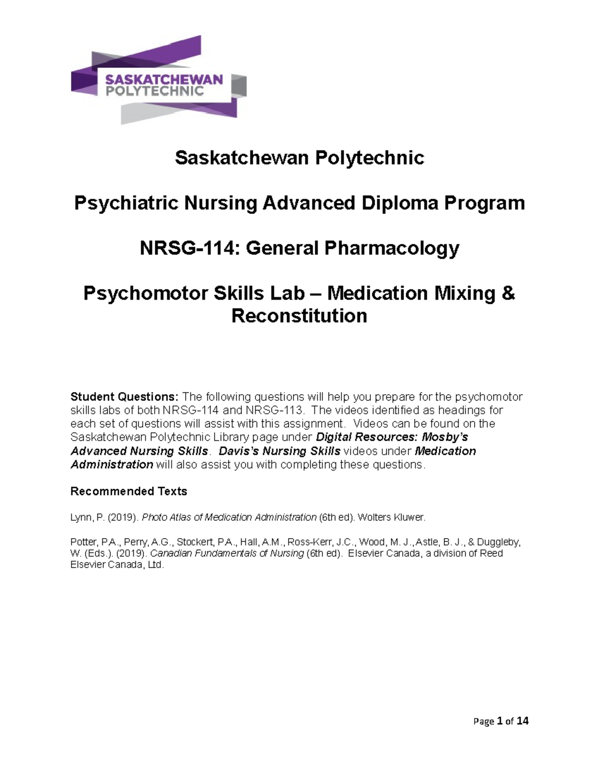 NRSG-114 Lab Assignment - Saskatchewan Polytechnic Psychiatric Nursing Advanced Diploma Program ...