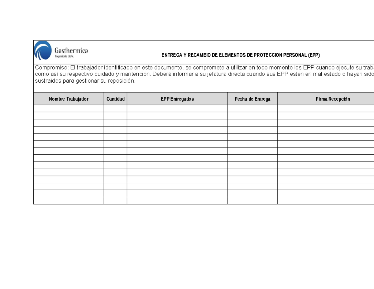 Registro de Entrega y Recambio de EPP (Elementos de Protección Personal ...