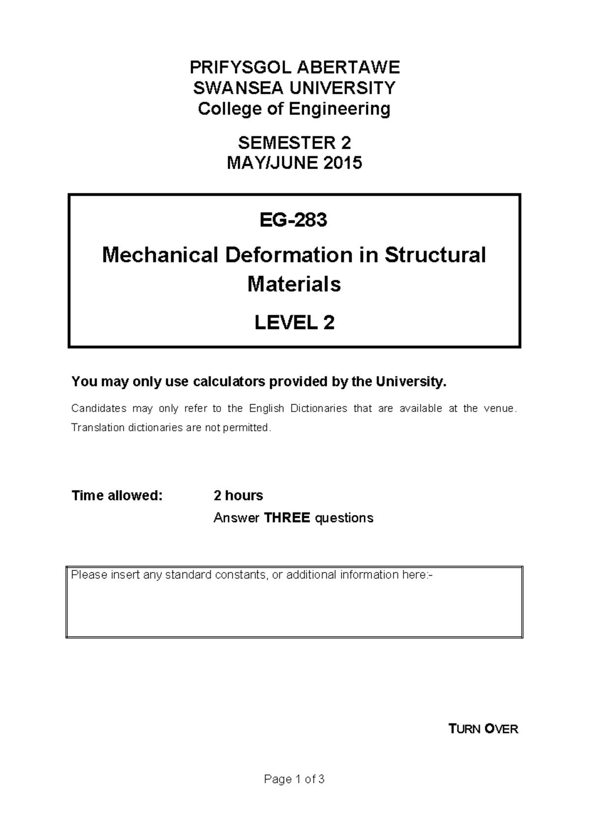 EG-283 Mechanical Deformation Exam Paper - May 2015 - Studocu