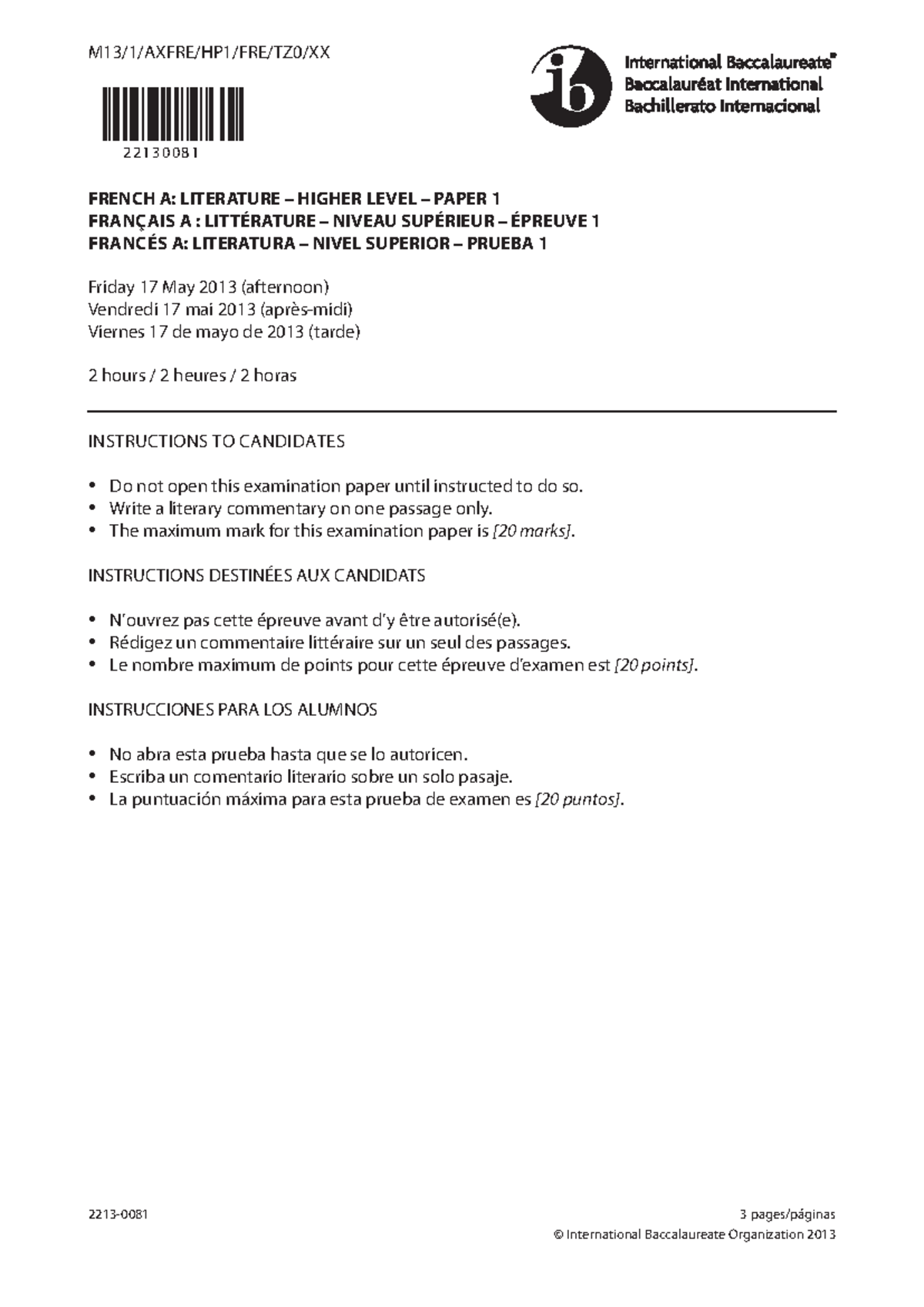 French Literature HL Paper 1 - M13/1/AXFRE/HP1/FRE/TZ0/XX FRENCH A ...