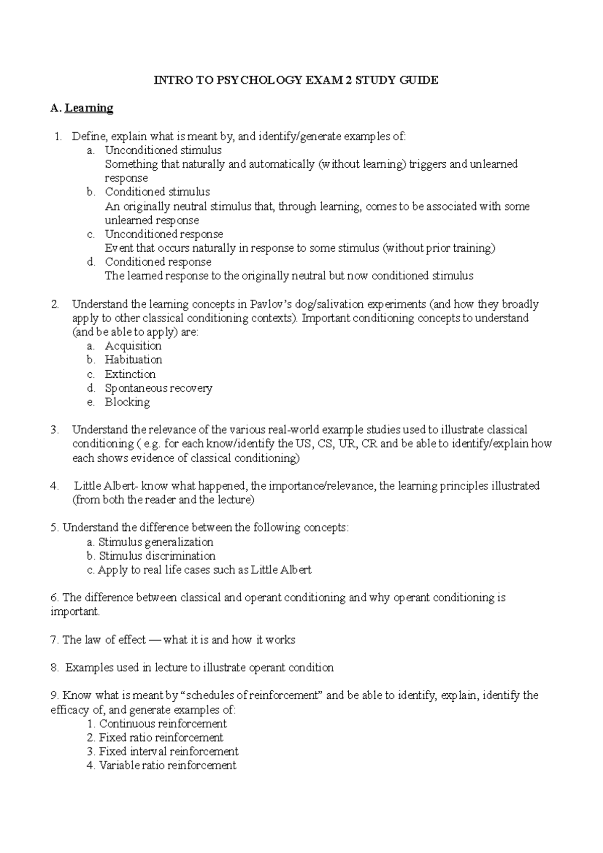 Intro to Psychology Exam 2 Study Guide: Key Concepts & Learning ...