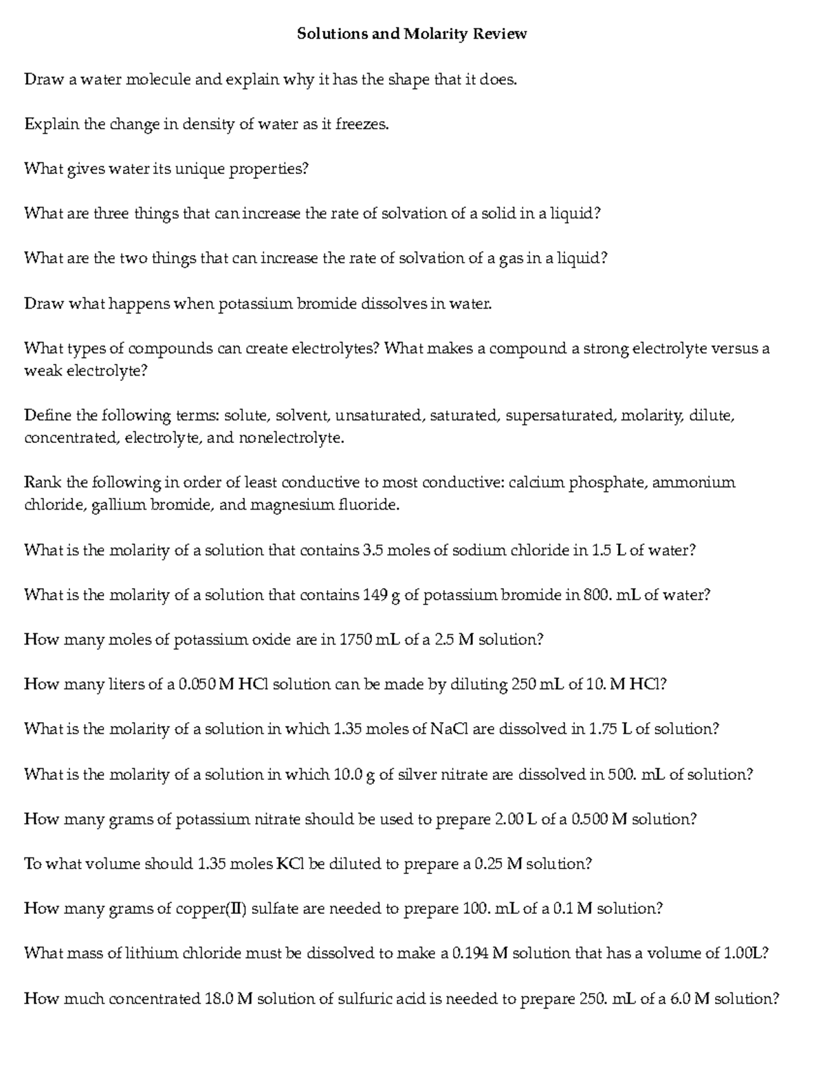 Solutions Review - Molarity, Solvation, and Electrolytes (CHEM 101 ...