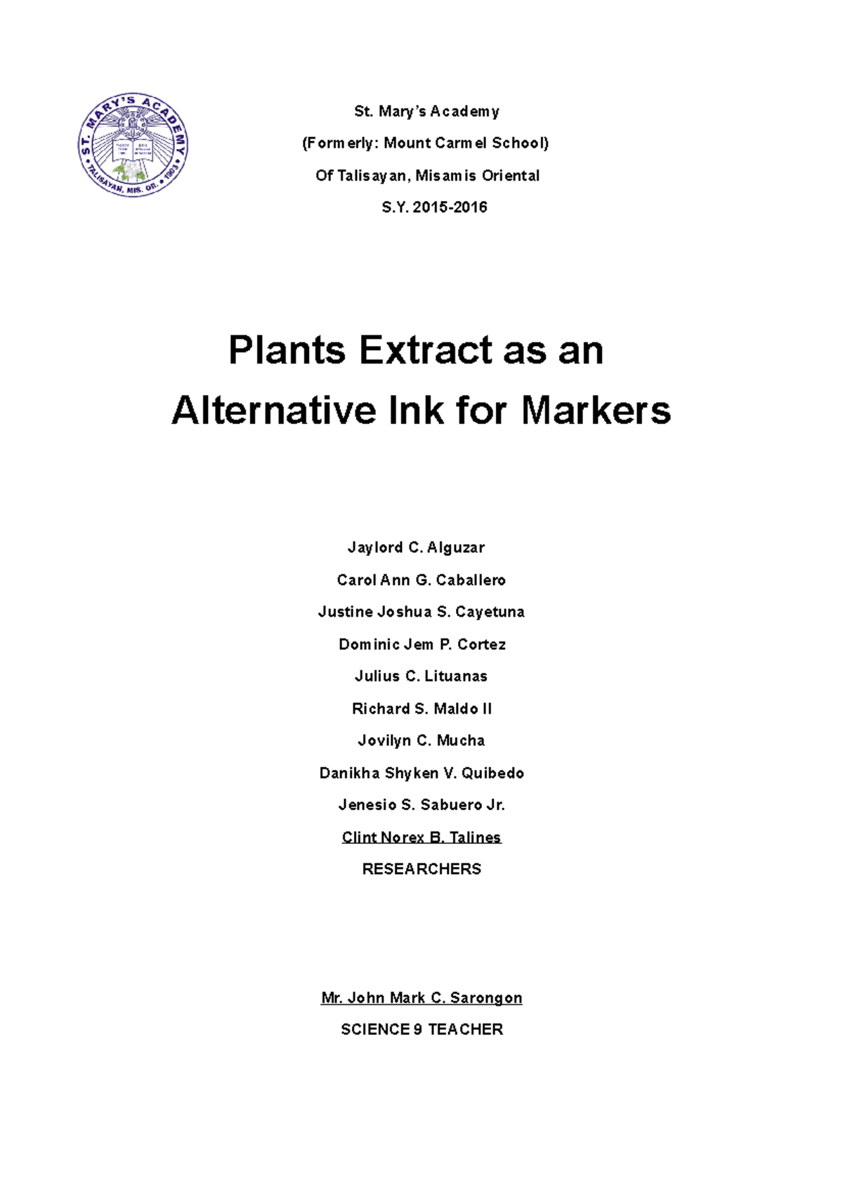 Plants Extract as Alternative Ink for Markers (SCI 9 Research) - Studocu