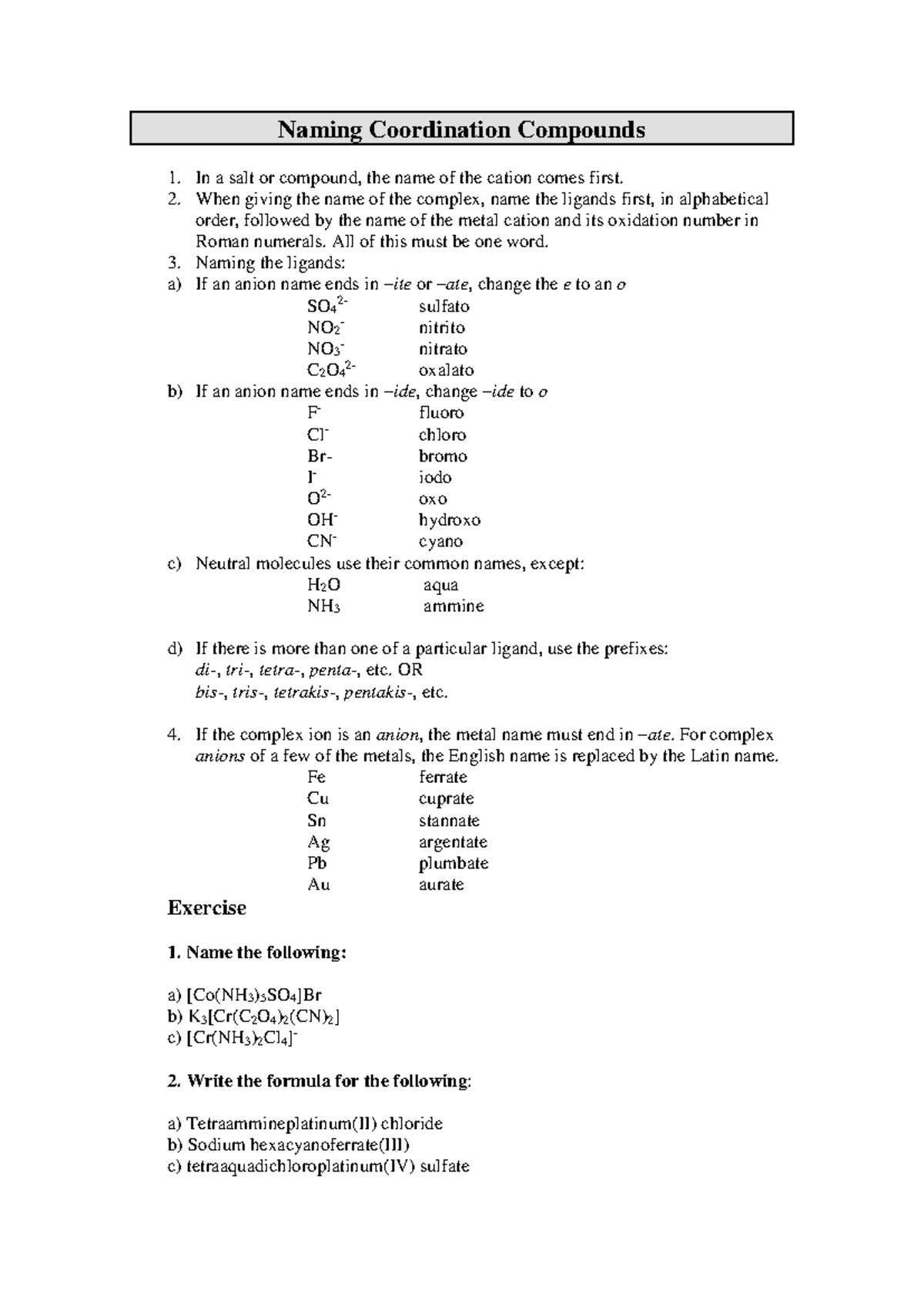 Coordination Compounds Naming Guide: Cation & Ligand Rules - Studocu