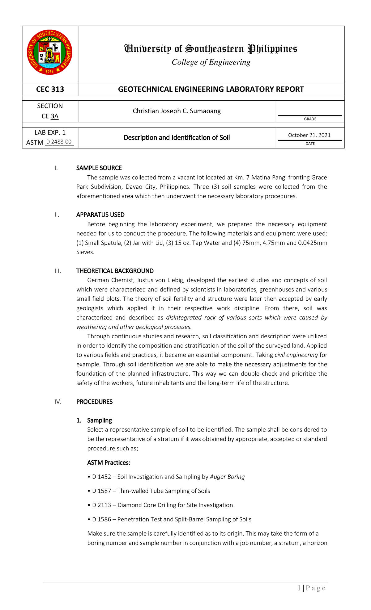 CEC313L Lab Report 1: Soil Description and Identification Methods - Studocu