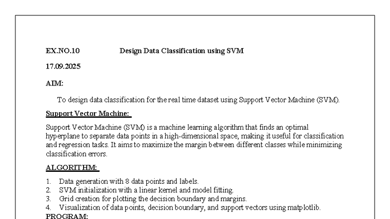 AIML EX 10: Data Classification Using SVM Techniques - Studocu