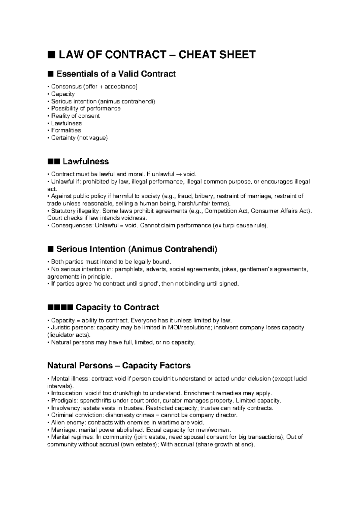 LAW OF CONTRACT CHEAT SHEET: Essentials & Key Concepts - Studocu