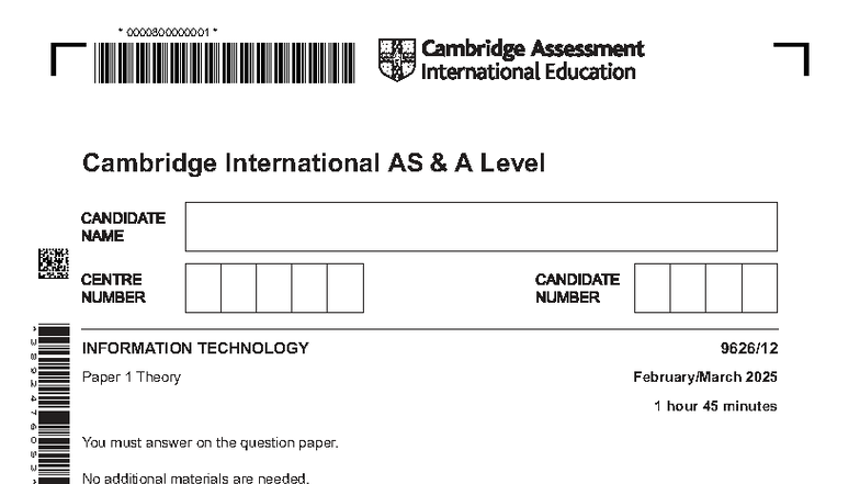 Cambridge International AS A Level 9626 Information Technology Paper 1 ...
