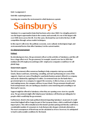 Level 3 Business Unit 1 assignment 1 - Unit One: Exploring Business Assignment Title: Features ...