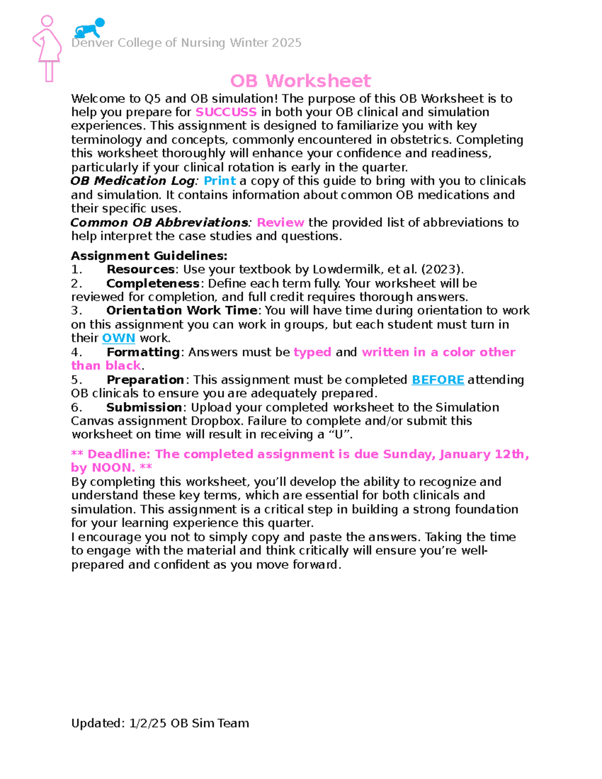 OB Worksheet Guide for Winter 2025 Clinical & Simulation Prep - Studocu