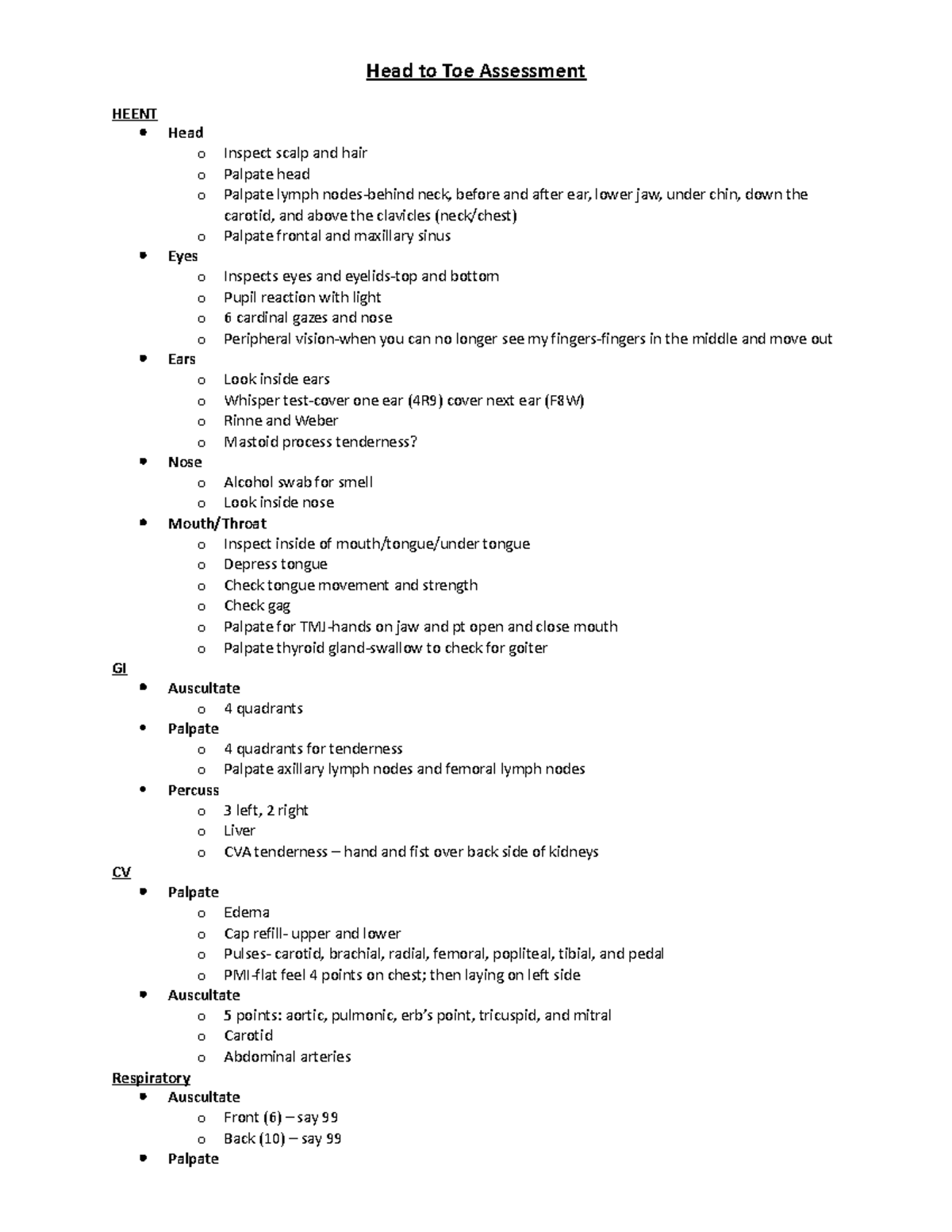 Comprehensive Head to Toe Assessment Guide for Health Students - Studocu