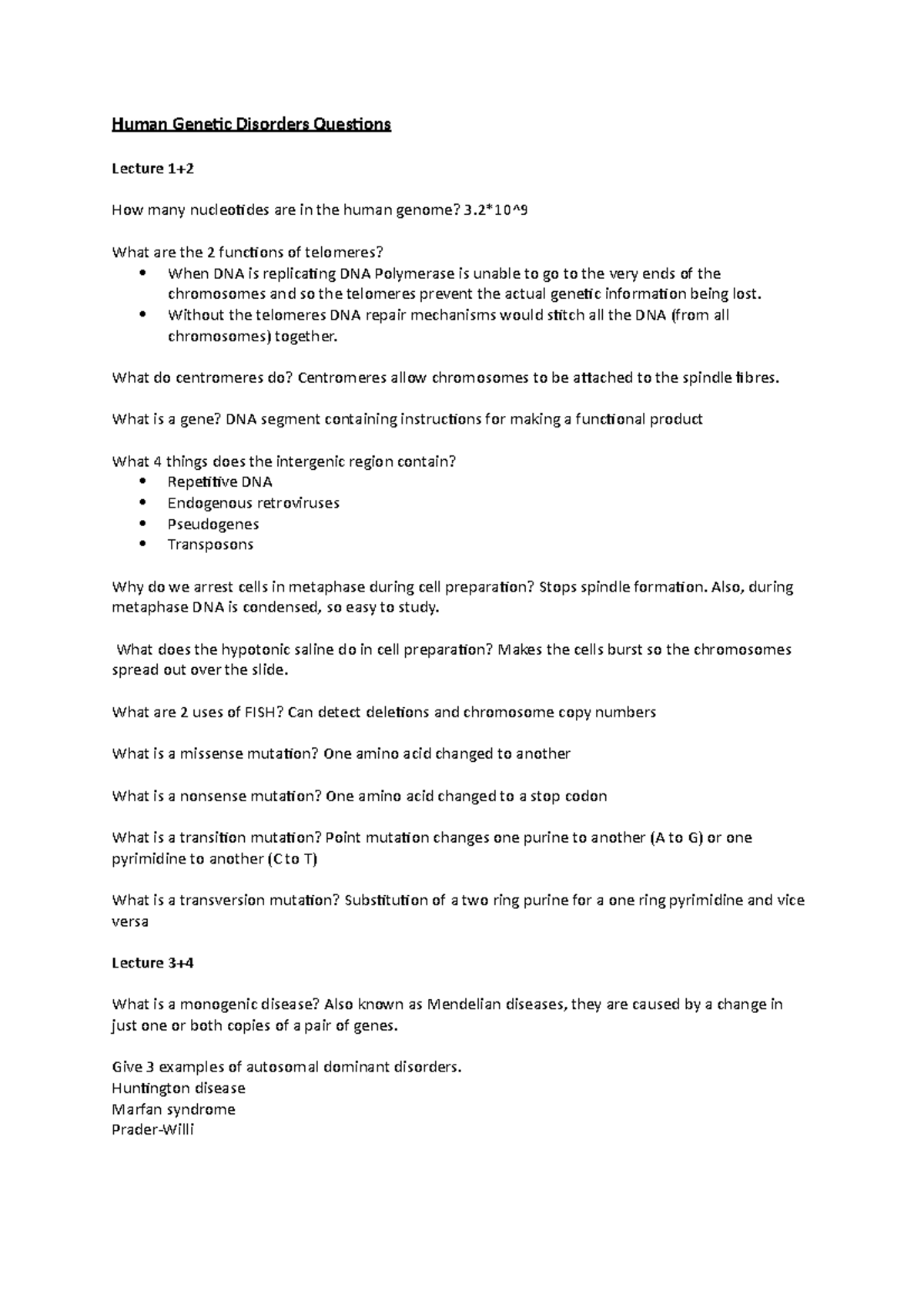 Human Genetic Disorders Questions - Human Geneic Disorders Quesions ...