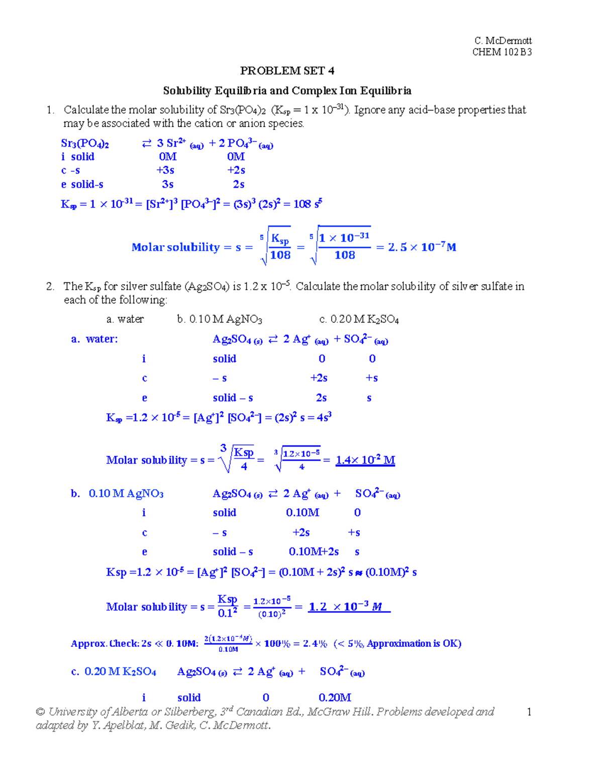 CHEM 102 B3 Problem Set 4 Solutions: Solubility & Complex Ion ...