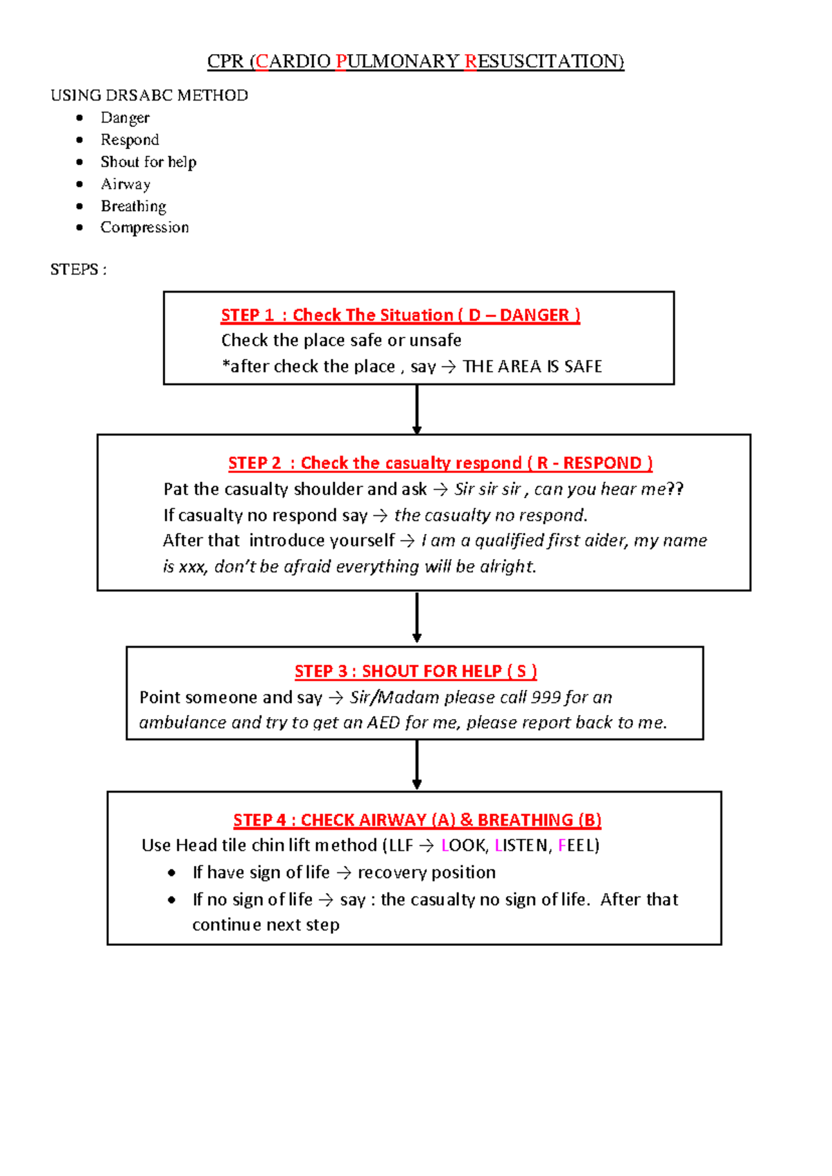 Normal CPR Guide: DRSABC Method and Steps for First Aiders - Studocu