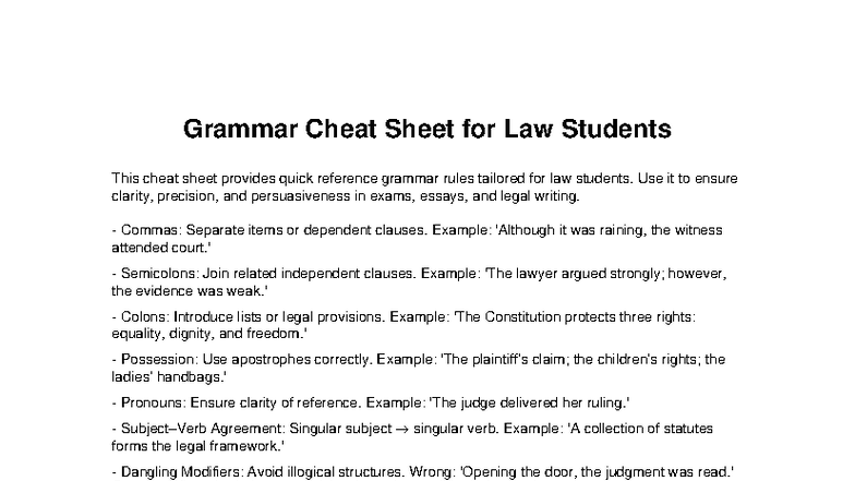 Grammar Cheat Sheet for Law Students: Quick Reference Guide - Studocu