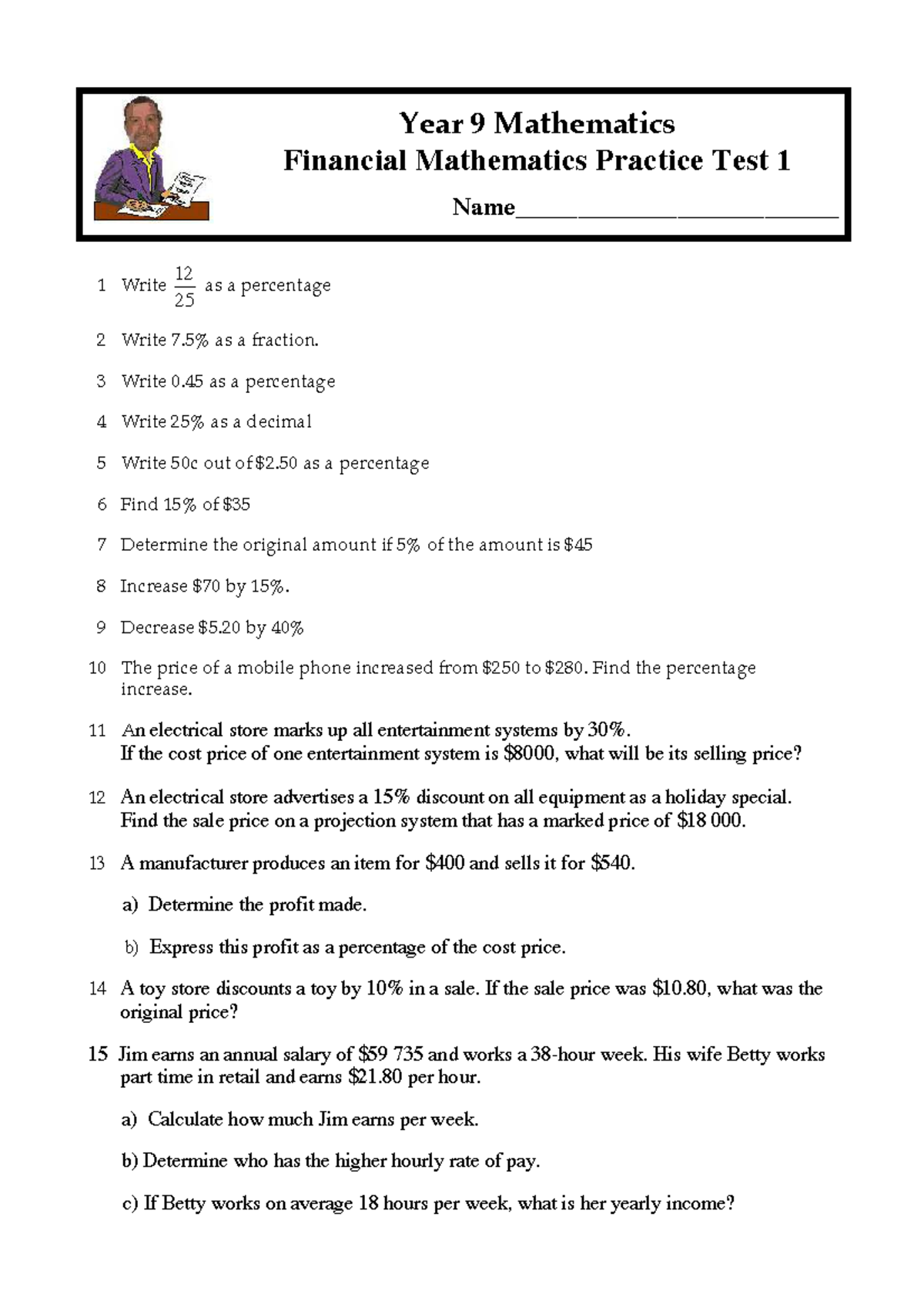 Year 9 Mathematics Financial Mathematics Practice Test 1 - Studocu