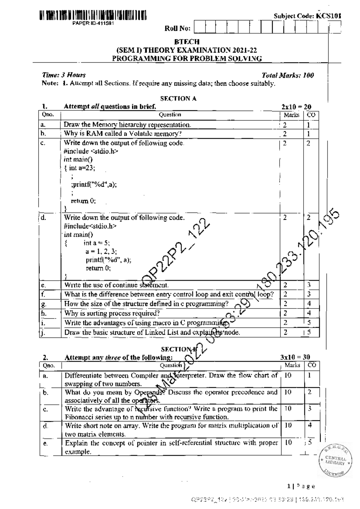 Programming for Problem Solving (KCS-101) 2021-22 - B.tech - Studocu