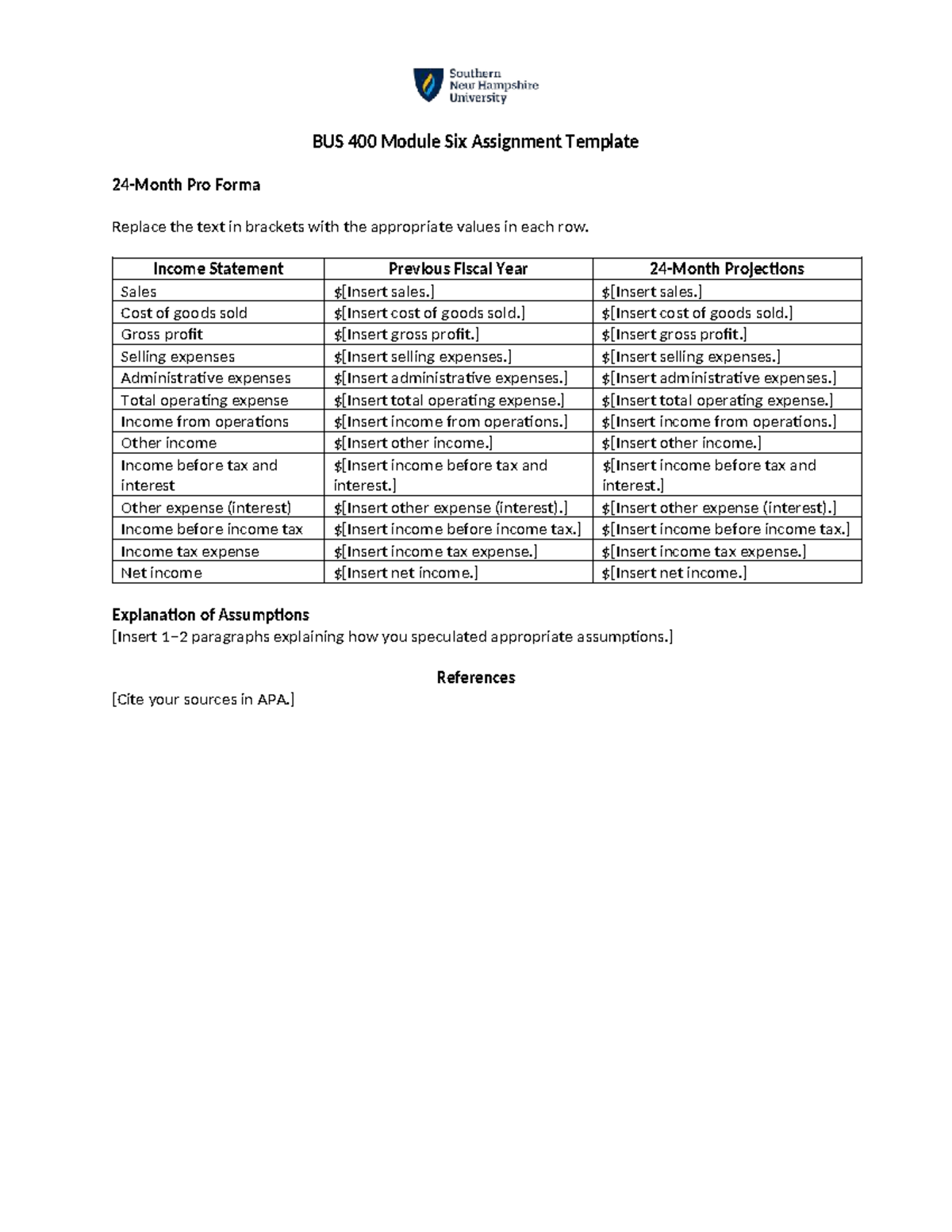 BUS 400 Module 6 Assignment: Pro Forma Income Statement Template - Studocu