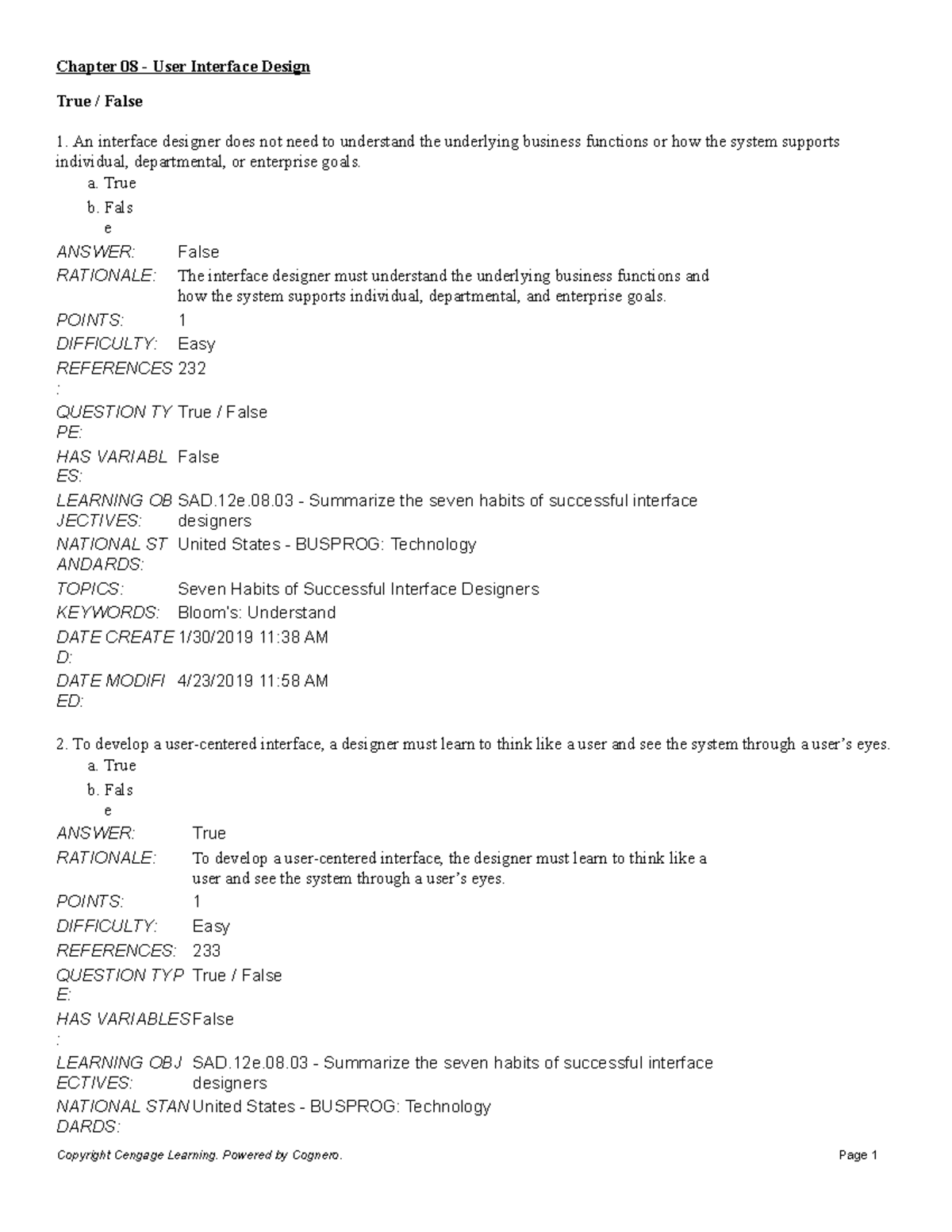 Chapter 08 User Interface Design SYSTEM - True / False An interface ...