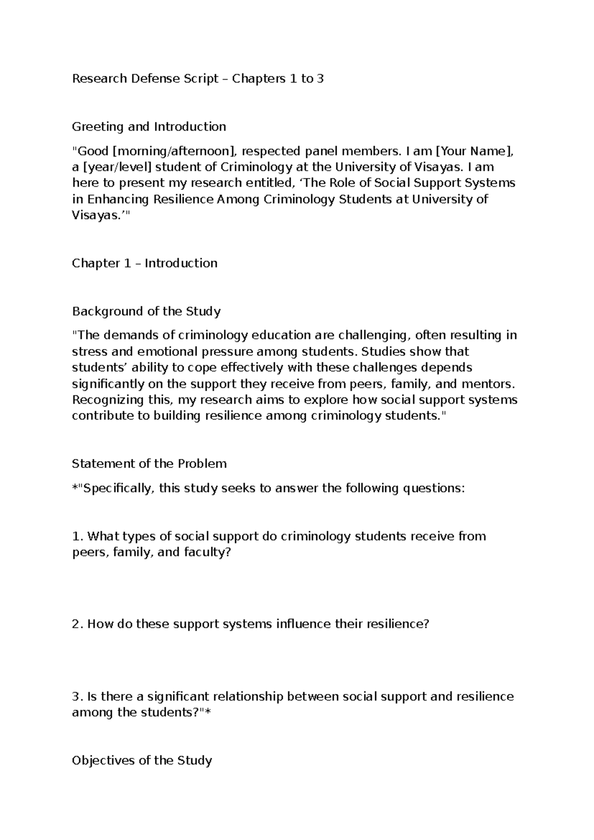 Research Defense Script: Role of Social Support in Resilience Among ...