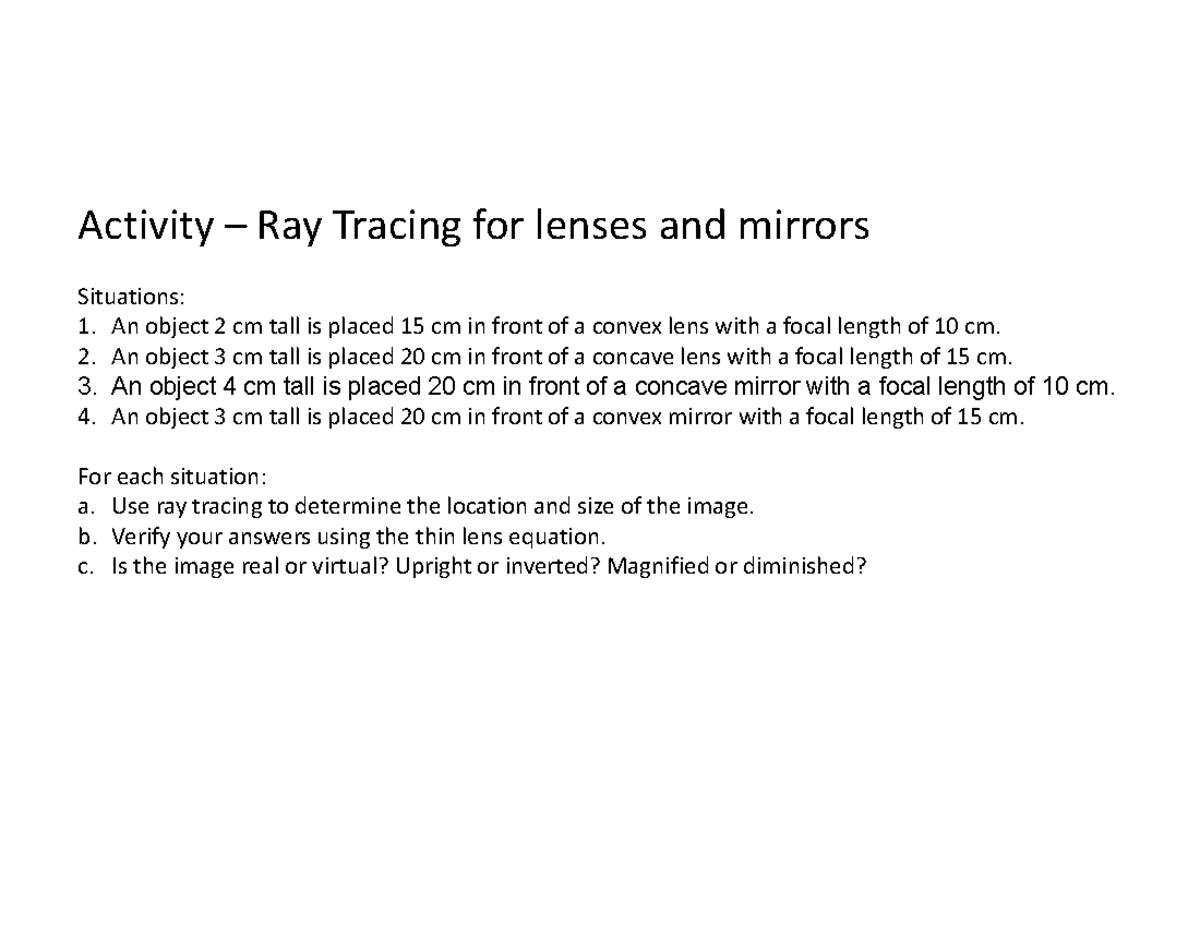 Activity - Ray Tracing for Lenses & Mirrors (Physics Lab) - Studocu