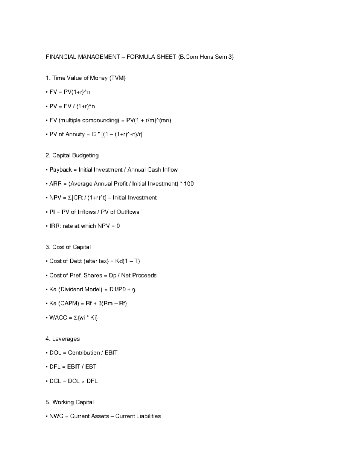Financial Management Formula Sheet (B.Com Hons Sem 3) - Studocu