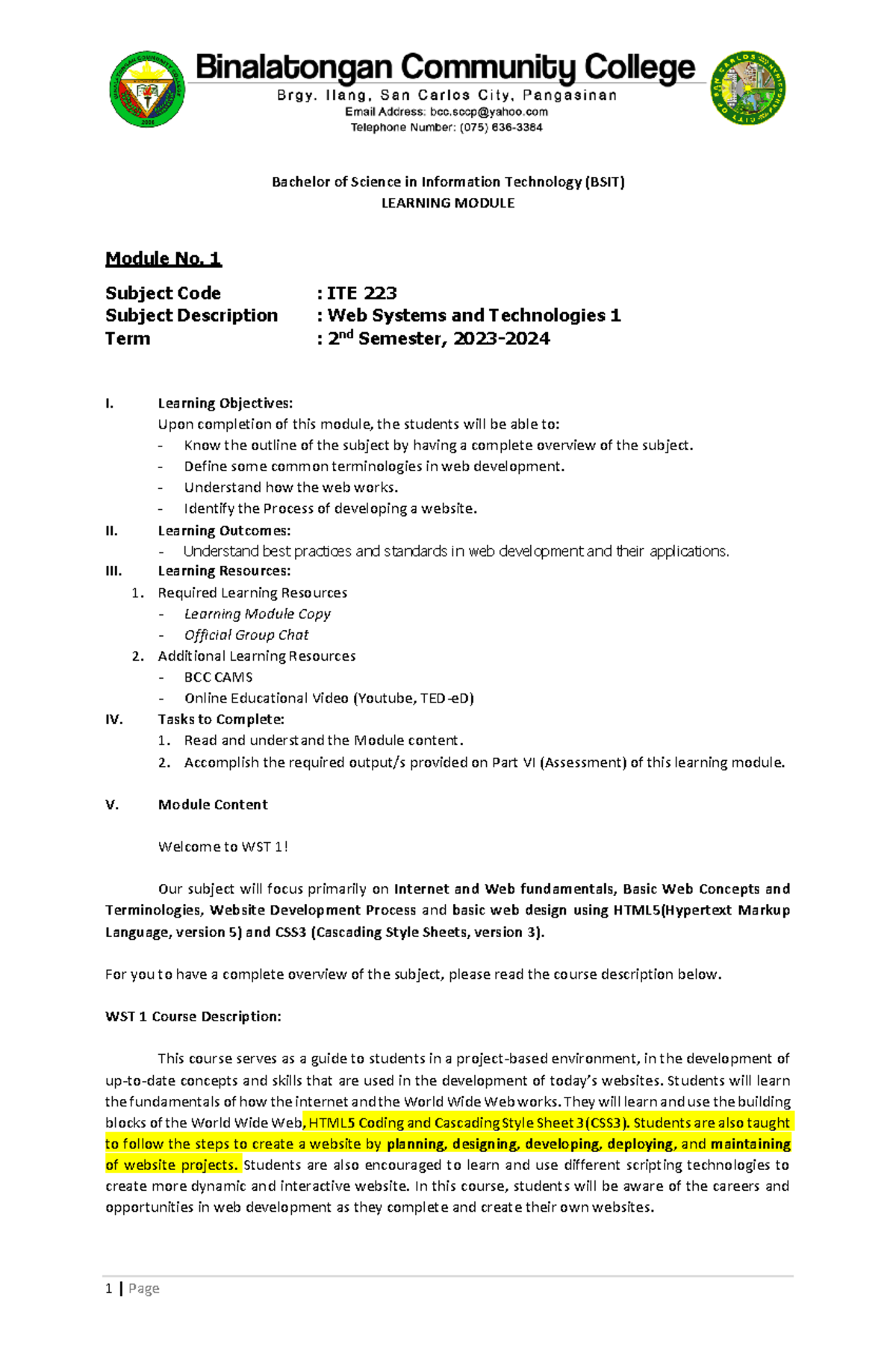 WST 1 ITE 223 Module 1: Introduction to Web Systems & Technologies - Studocu