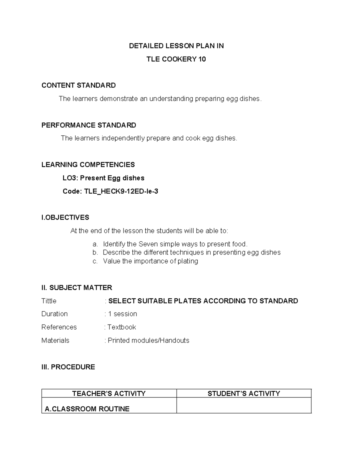 TLE 10: Lesson Plan on 7 Ways to Present Egg Dishes Like a Chef - Studocu