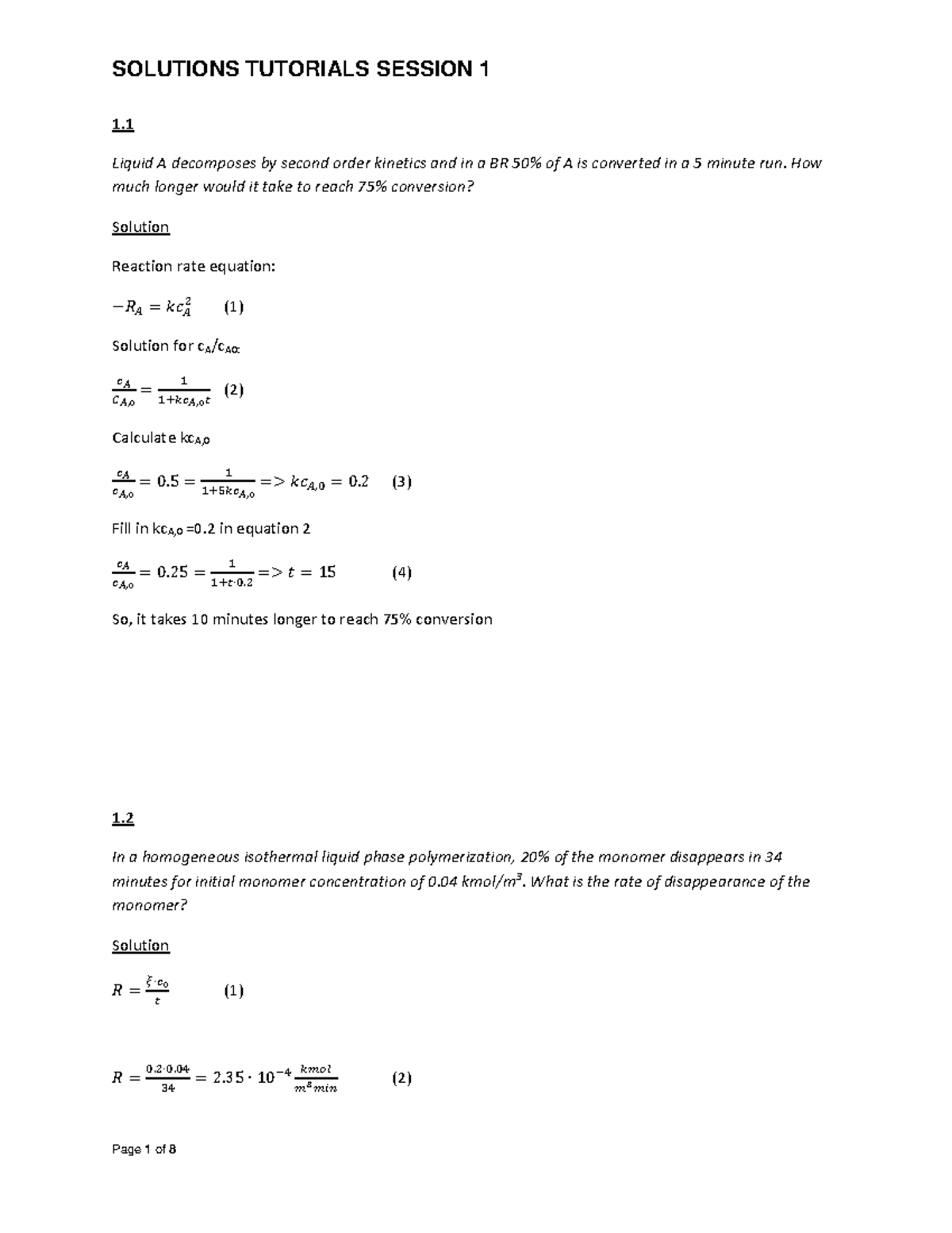 Chemical Reaction Kinetics Tutorial Solutions Session 1 - Studeersnel