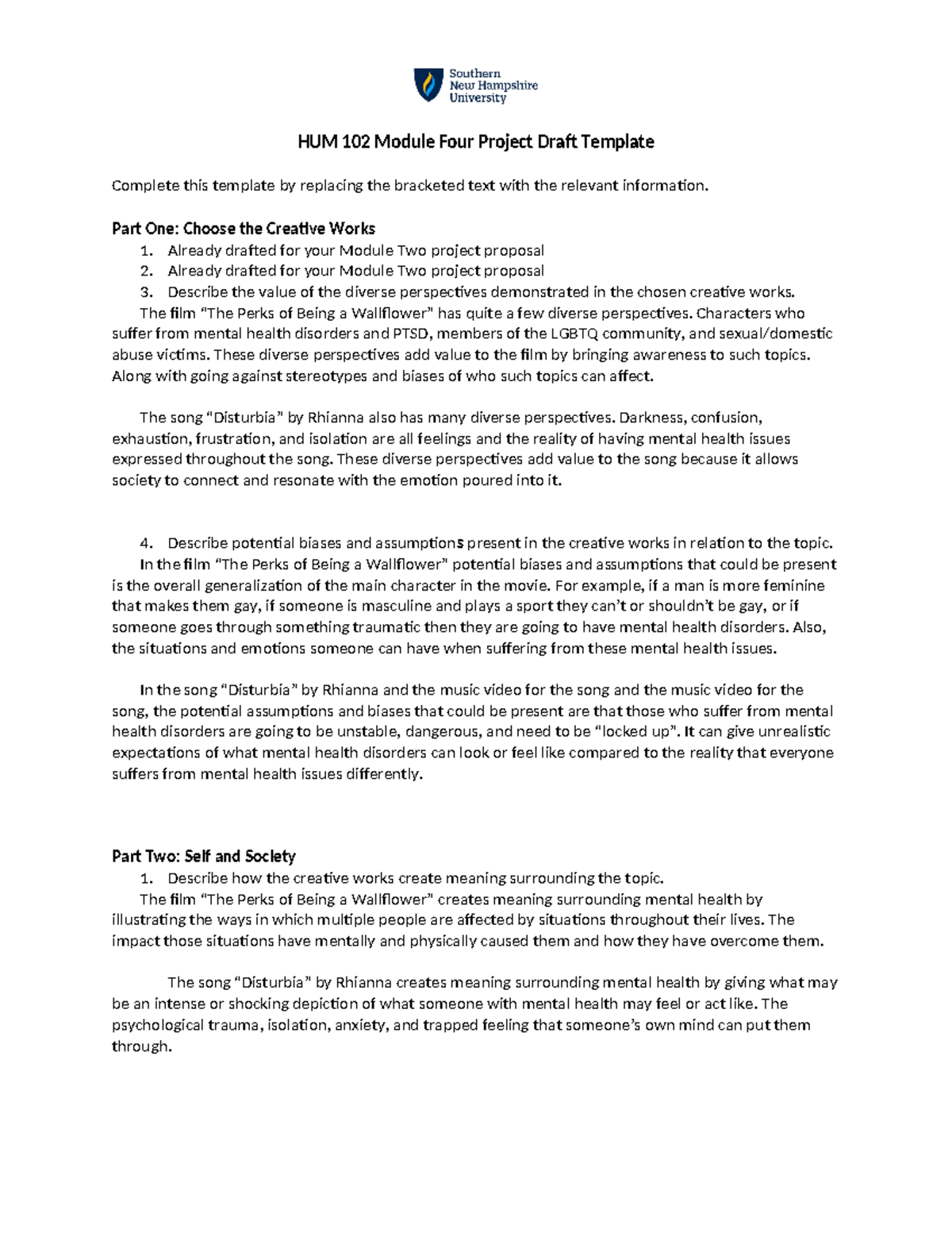 HUM 102 Module Four Project Draft: Exploring Mental Health in Creative ...
