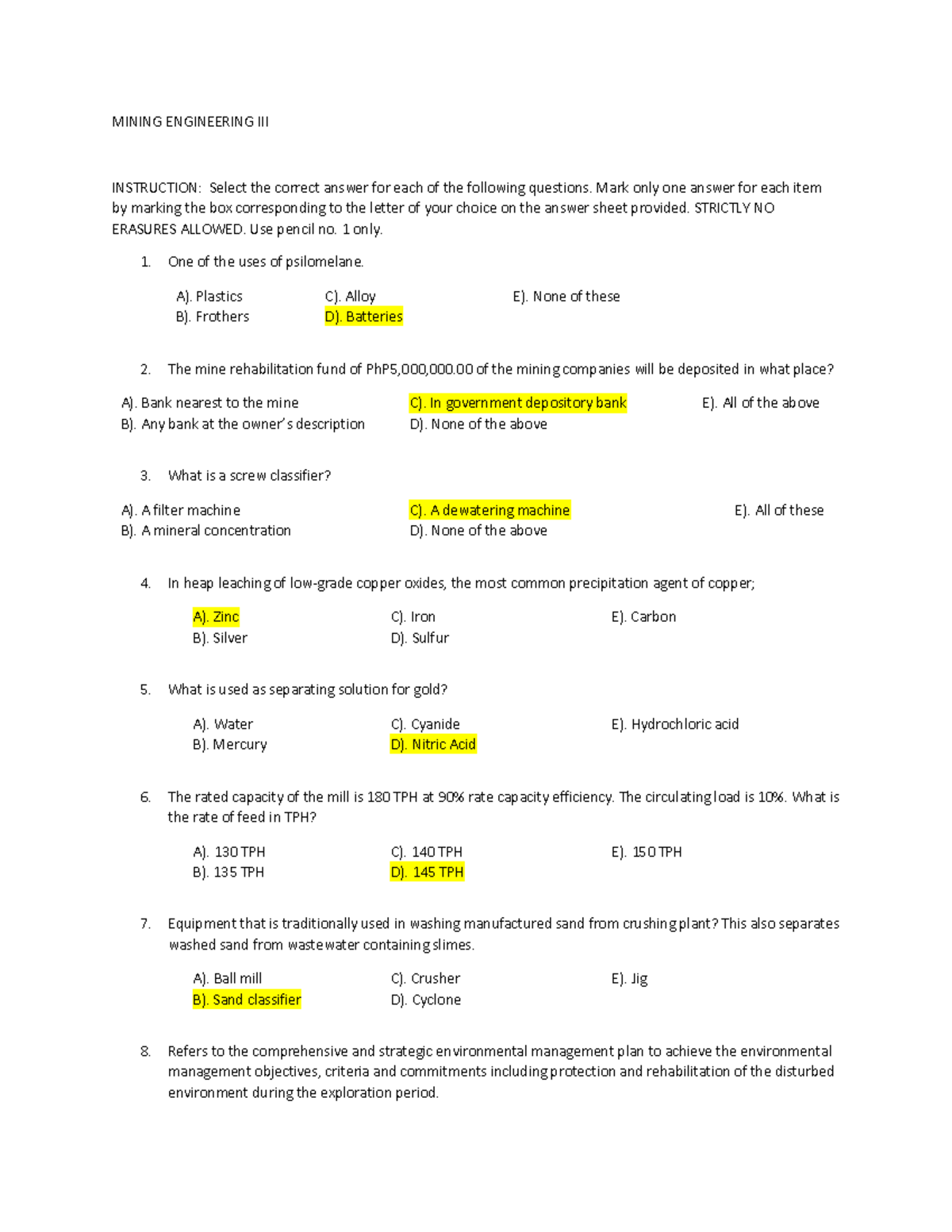 MINING ENG 101: Multiple Choice Questions for Final Exam Review - Studocu