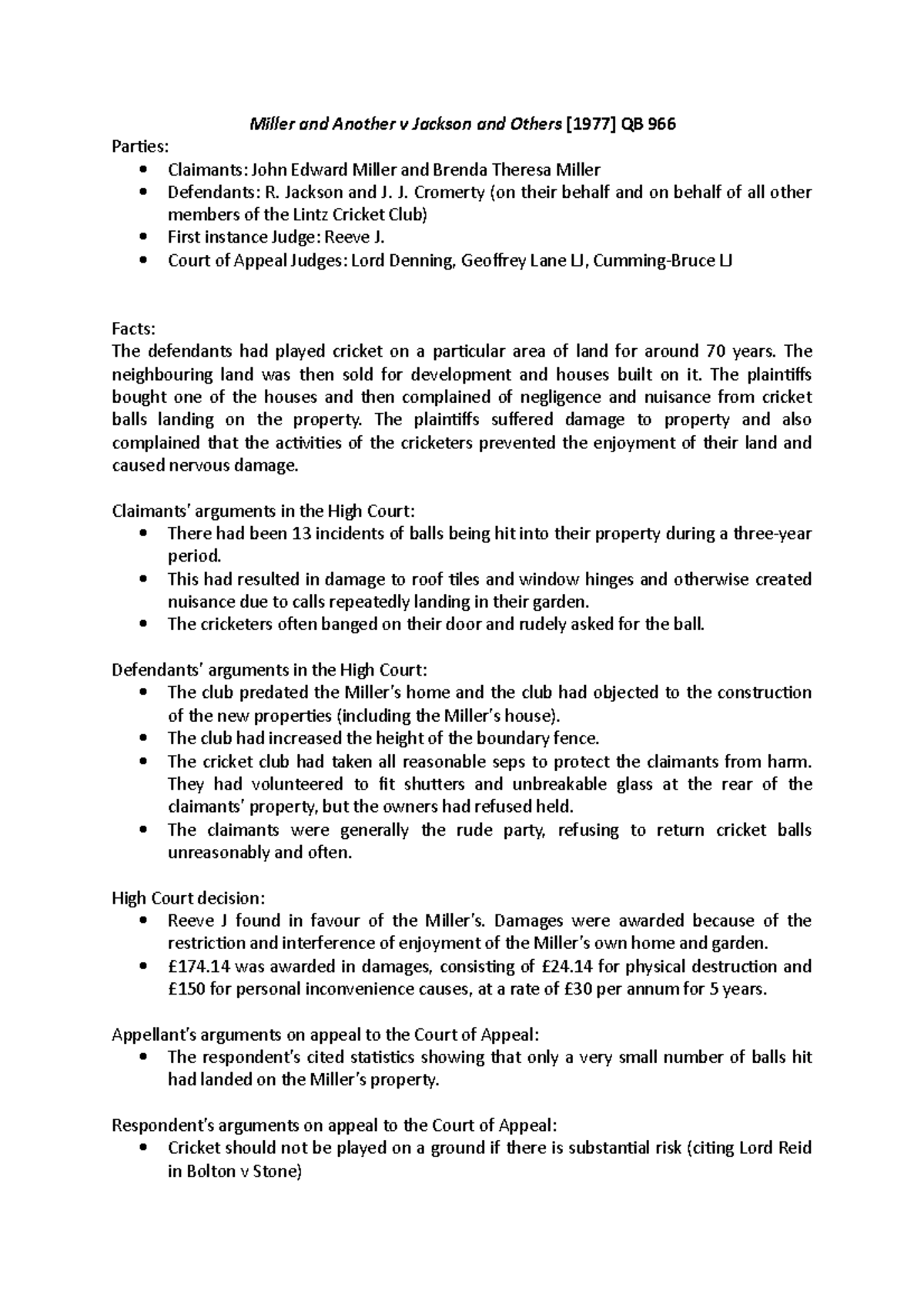 Miller v Jackson: Court of Appeal Analysis and Judgment Overview - Studocu