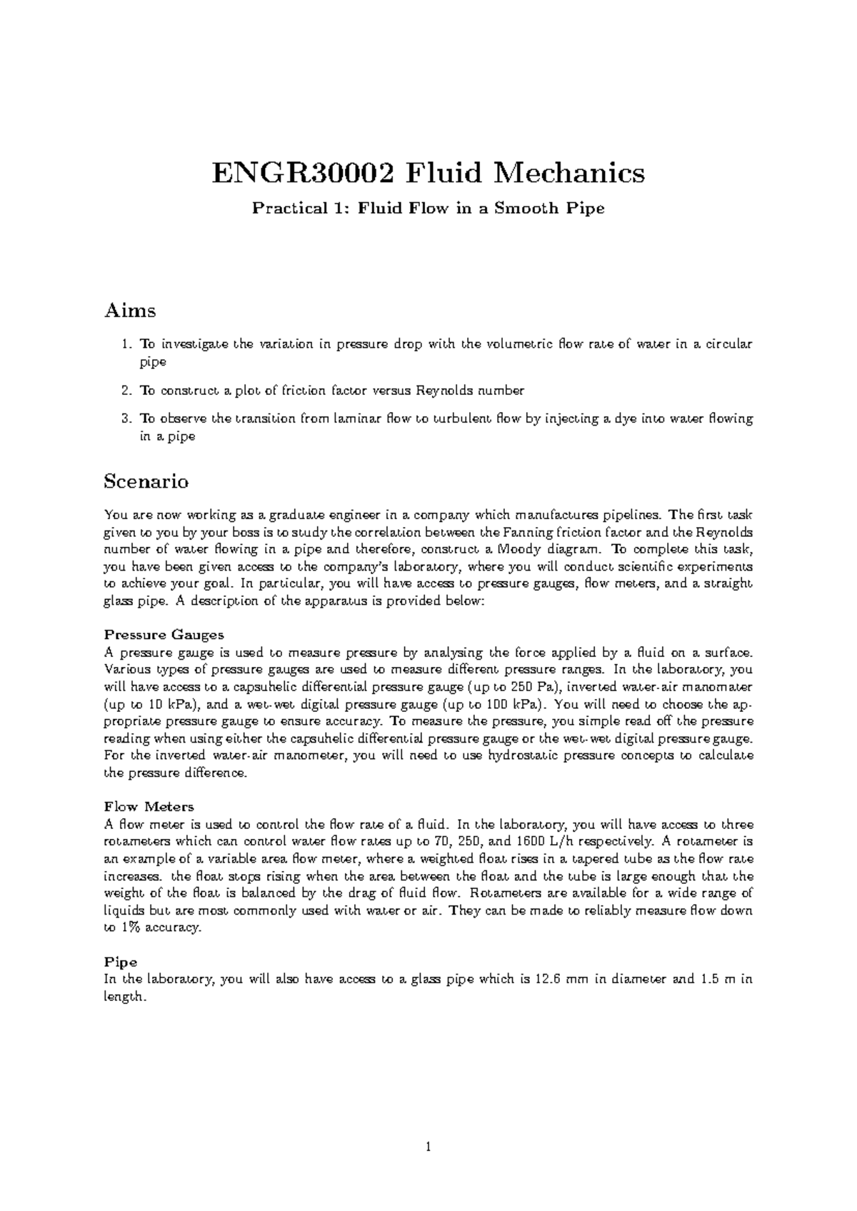 Pipe Flow Practical - ENGR30002 Fluid Mechanics Practical 1: Fluid Flow ...