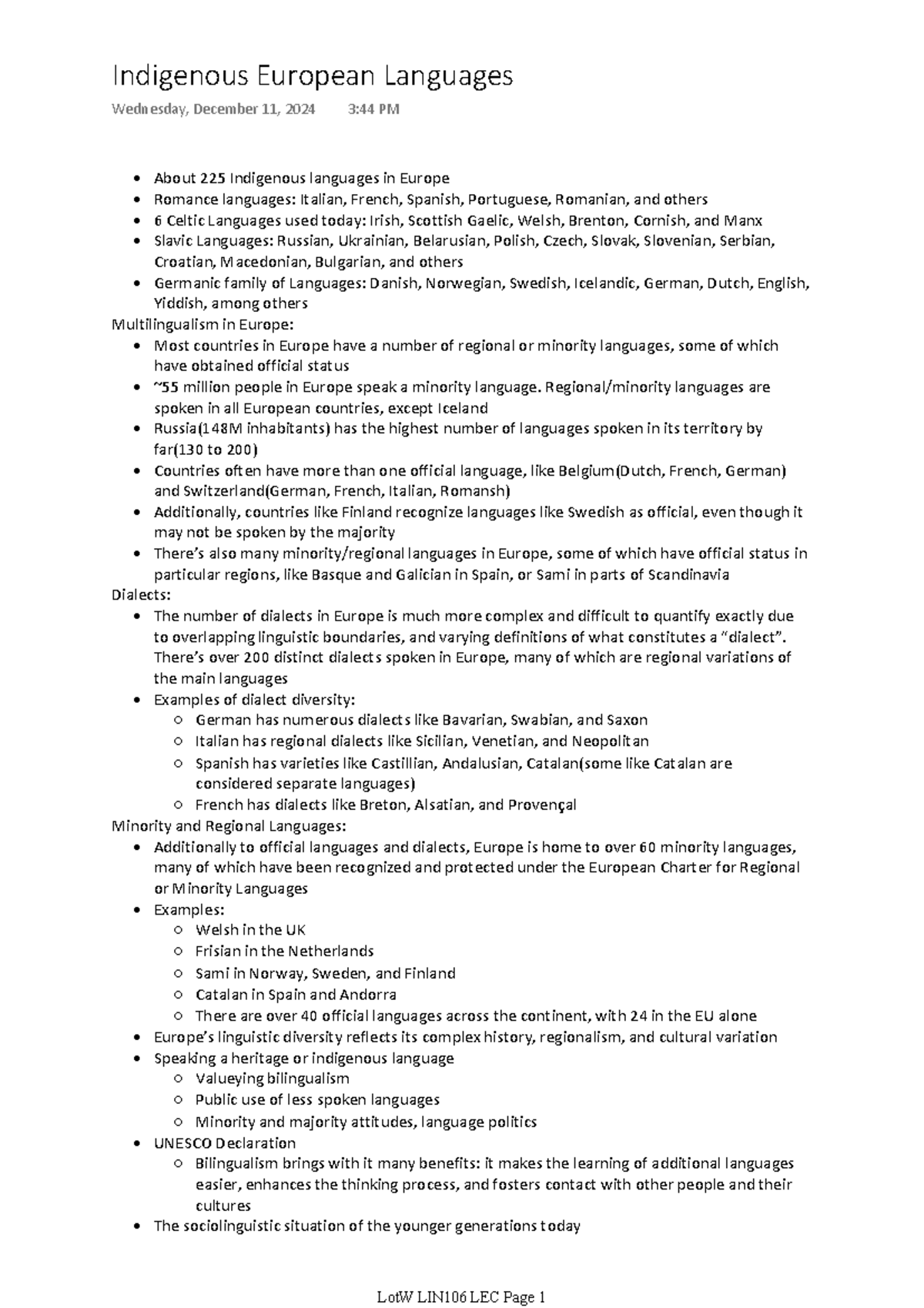 Indigenous Languages of Europe: Diversity and Multilingualism (LIN106 ...